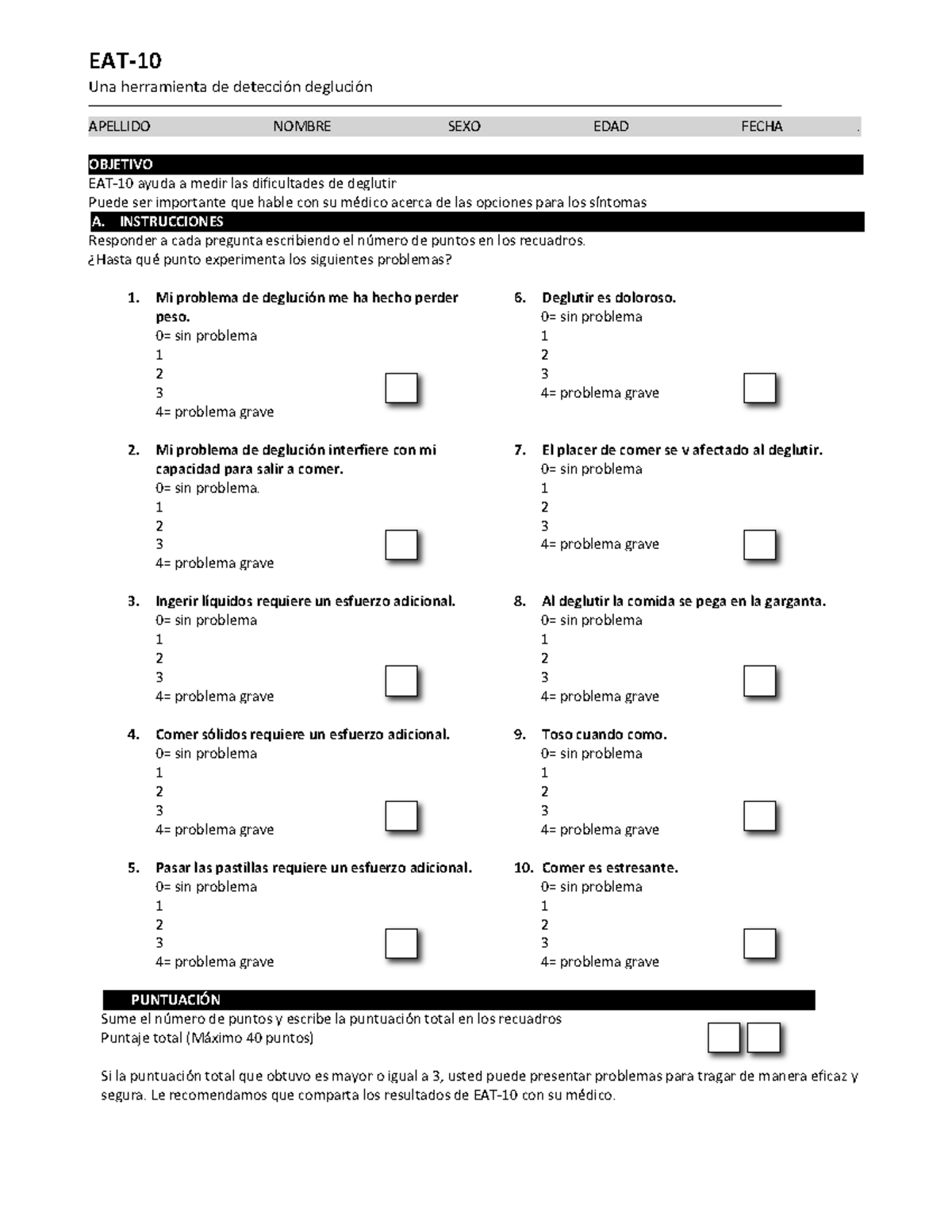 EAT 10 - Protocolo de evaluación de la Deglución, como herramientas ...