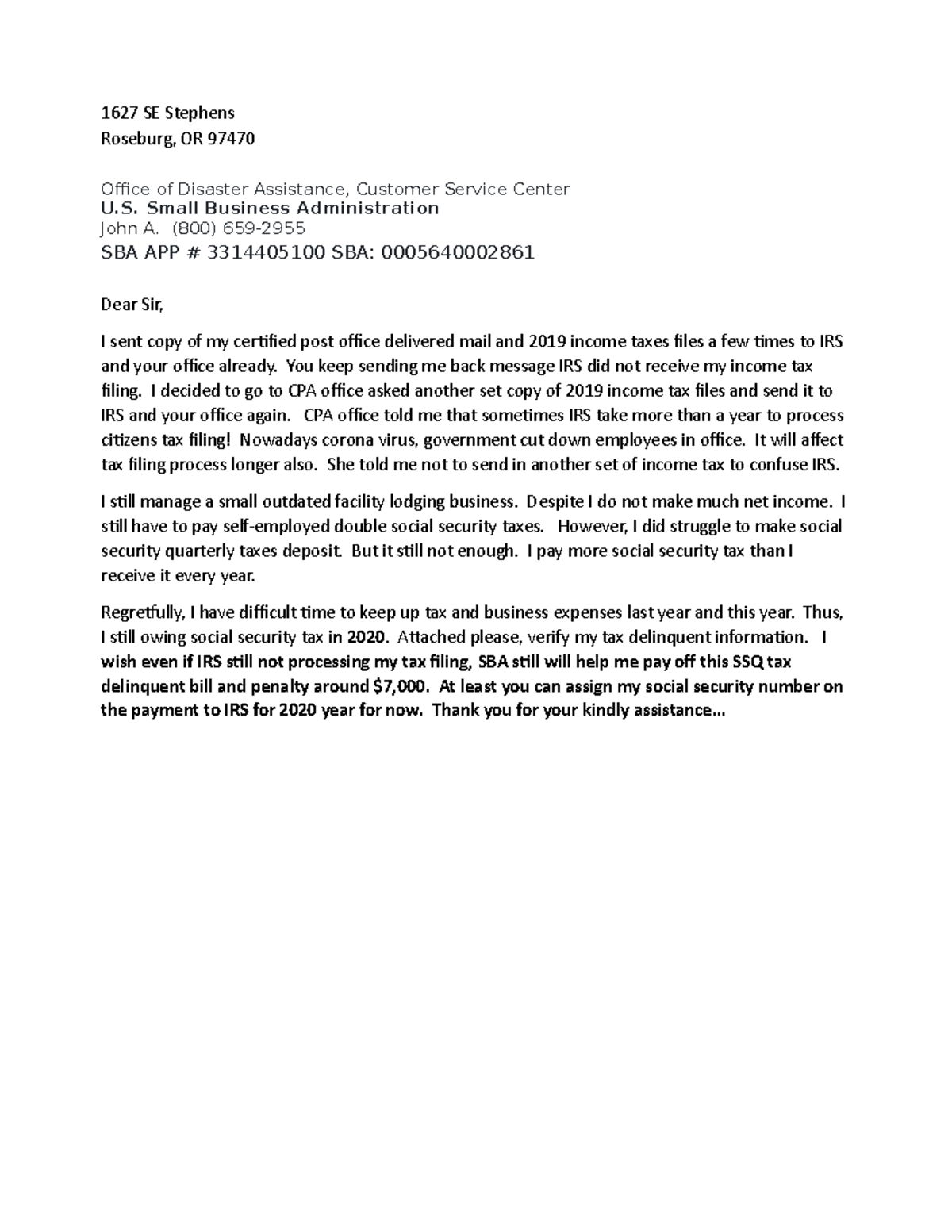 BA 324 SBA ssq taxes letter assignment - 1627 SE Stephens Roseburg, OR ...