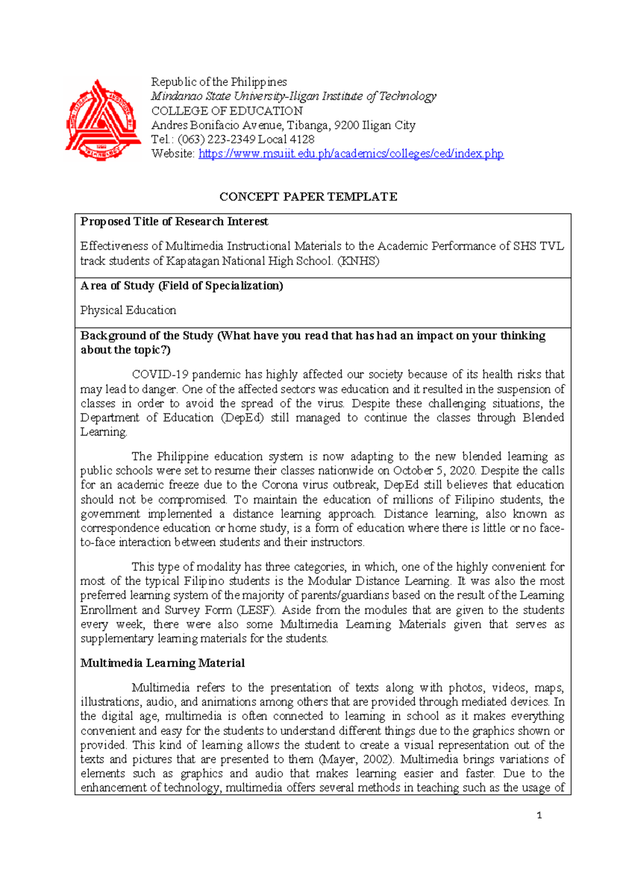 Concept- Paper- Amron - Republic of the Philippines Mindanao State ...