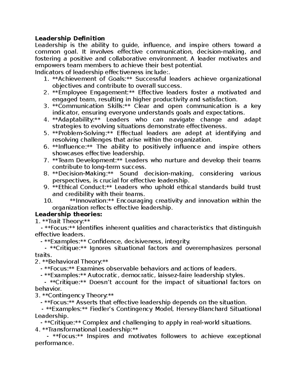 Leadership Unit 1 short notes - Leadership Definition Leadership is the ...