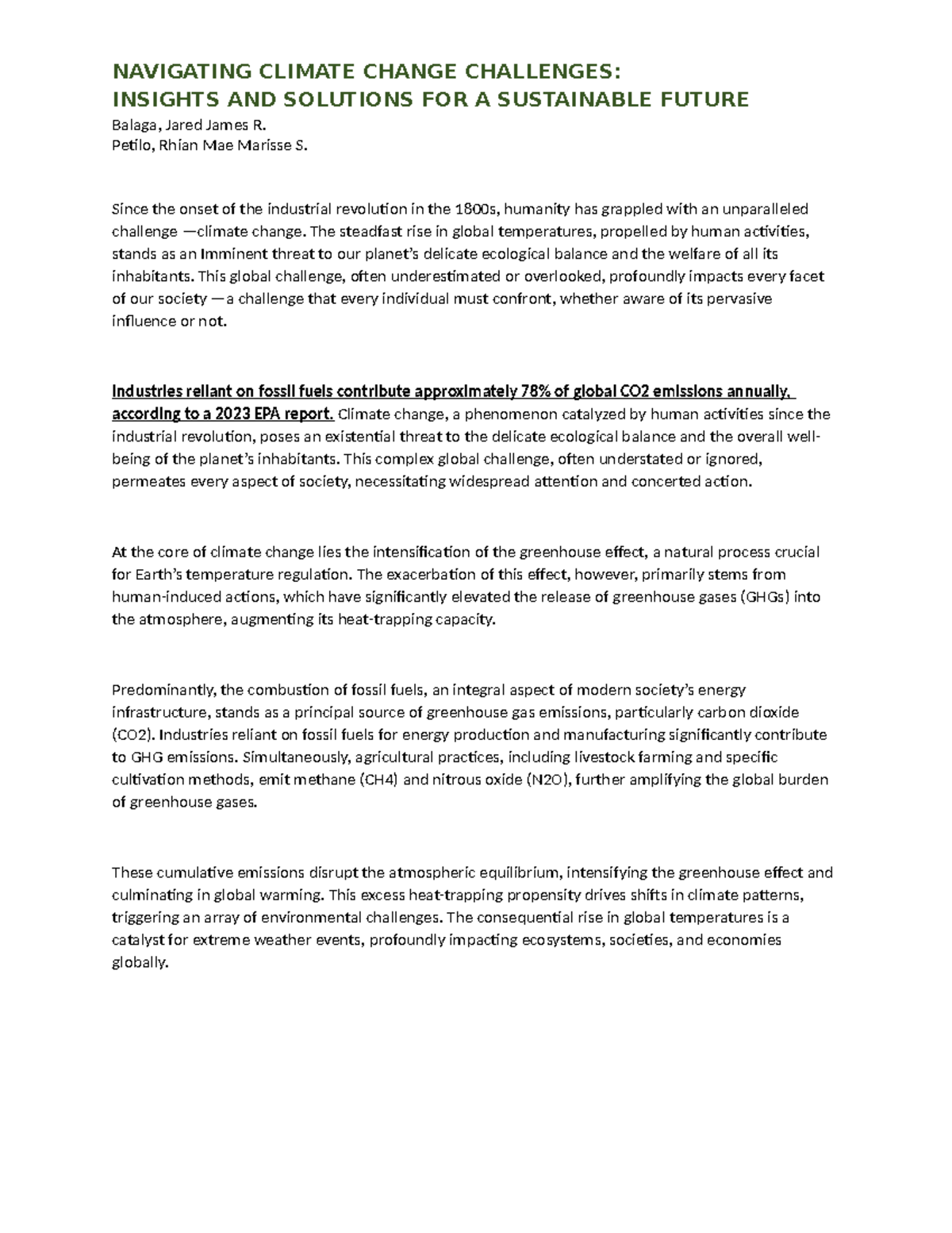 Research Paper in ES 9 - NAVIGATING CLIMATE CHANGE CHALLENGES: INSIGHTS ...