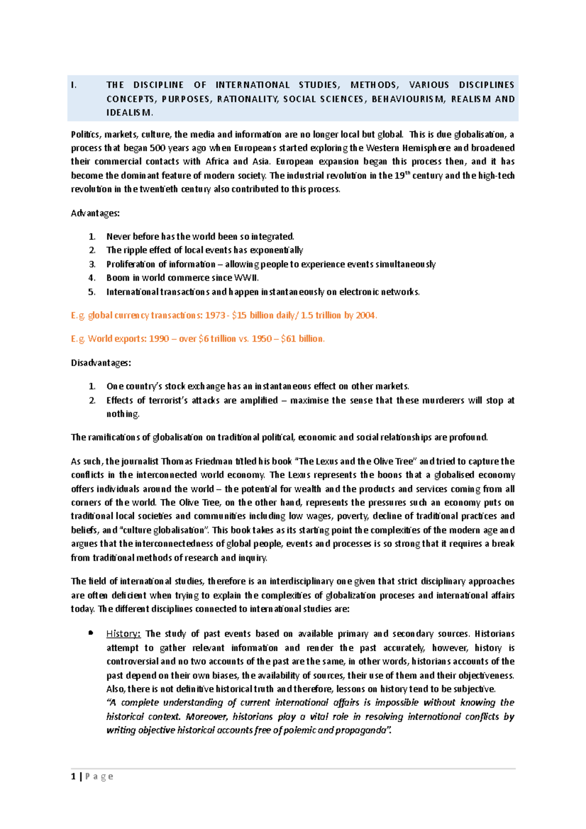 IIS Summary - EXAM Revision - I. THE DISCIPLINE OF INTERNATIONAL ...