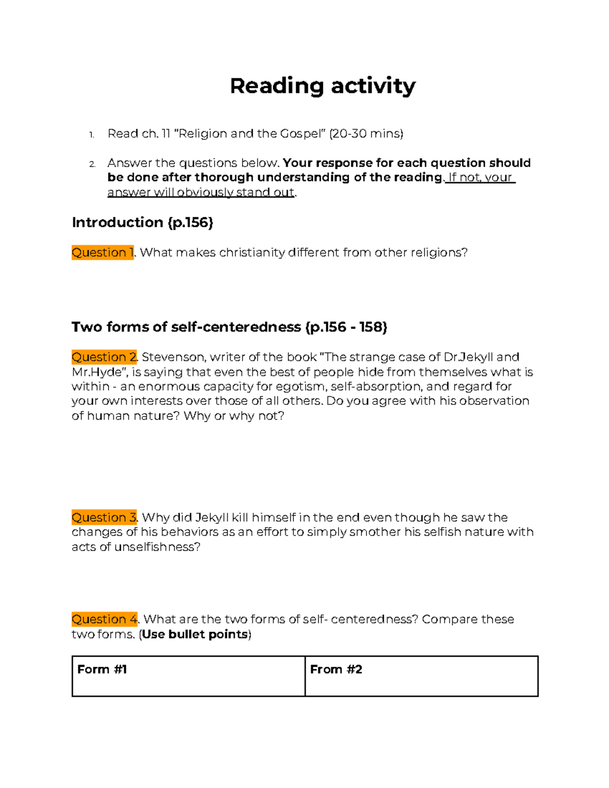 Reading activity (Lesson 13) - Reading activity Read ch. 11 “Religion ...