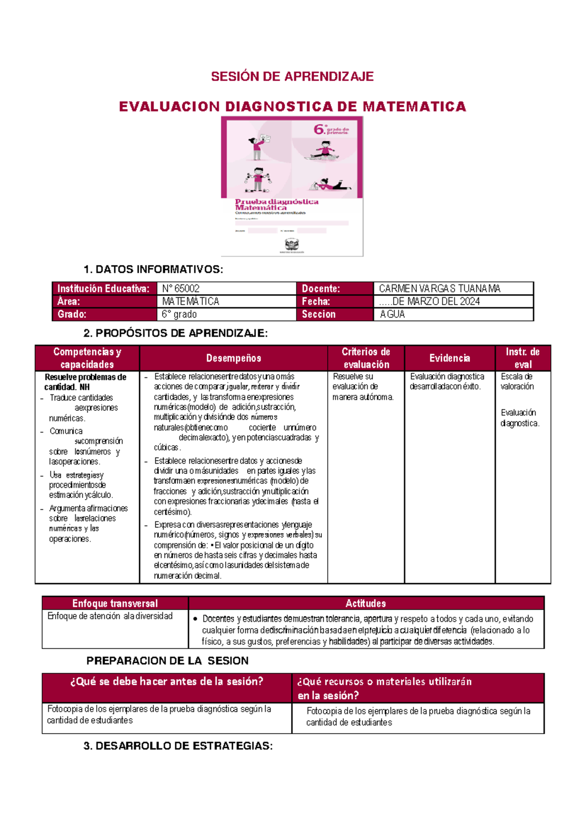 Sesión Evaluacion Diagnostico DE Matematica - SESIÓN DE APRENDIZAJE EVALUACION DIAGNOSTICA DE ...