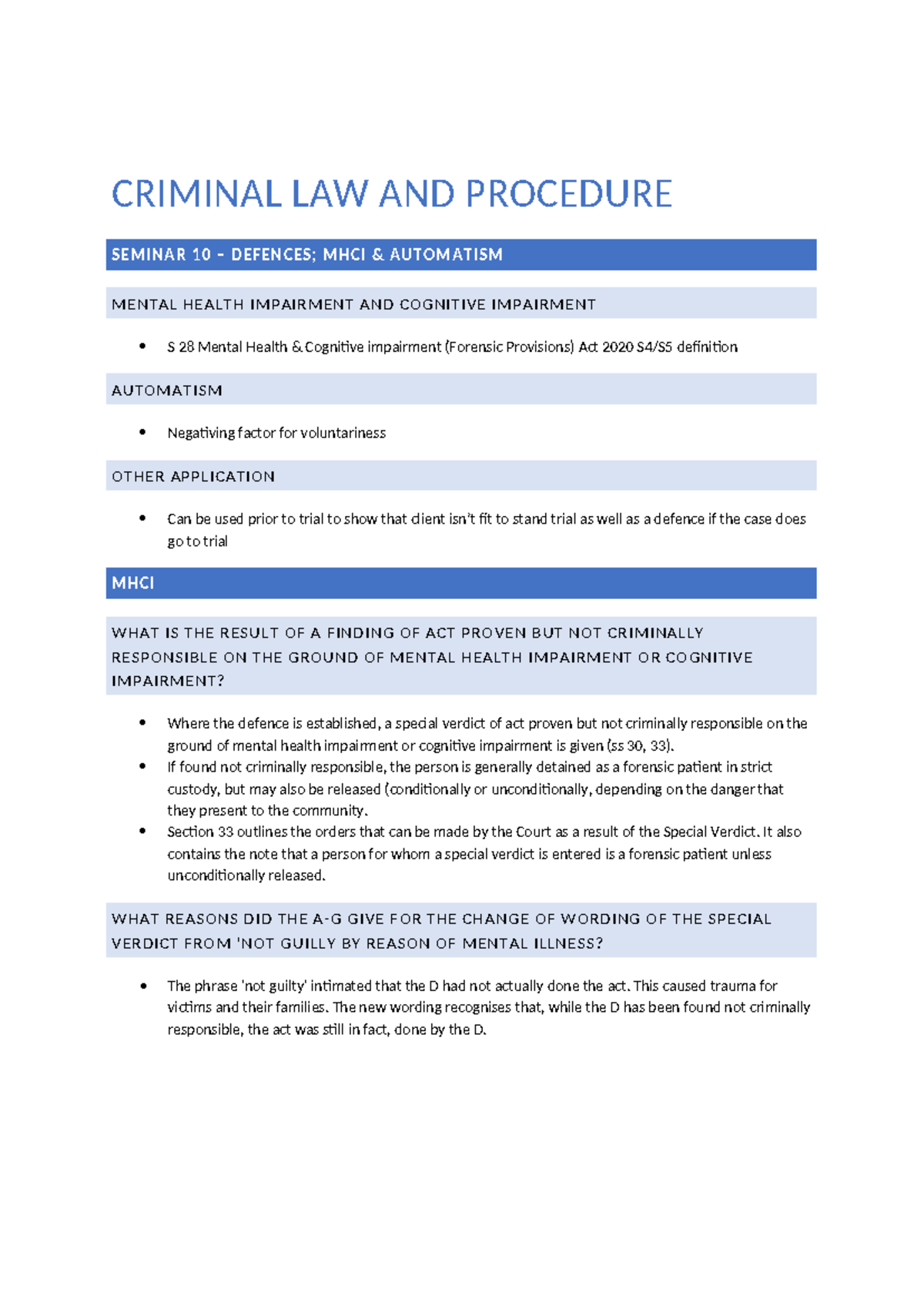 Criminal Law and Procedure Seminar 10A Defences of MHCI and Automatism ...