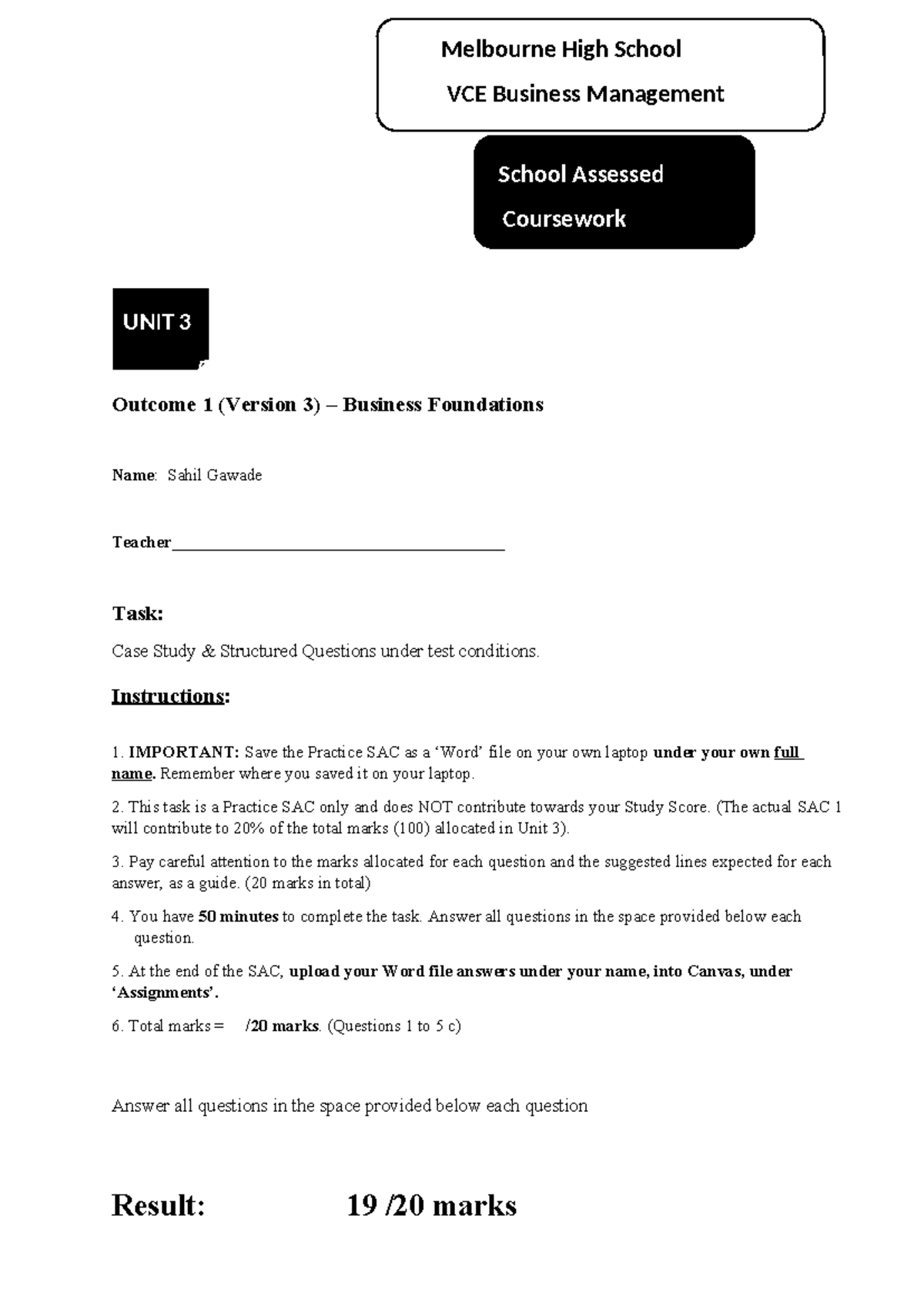 Sac 1 unit 3 19/20 marks - Melbourne High School VCE Business ...