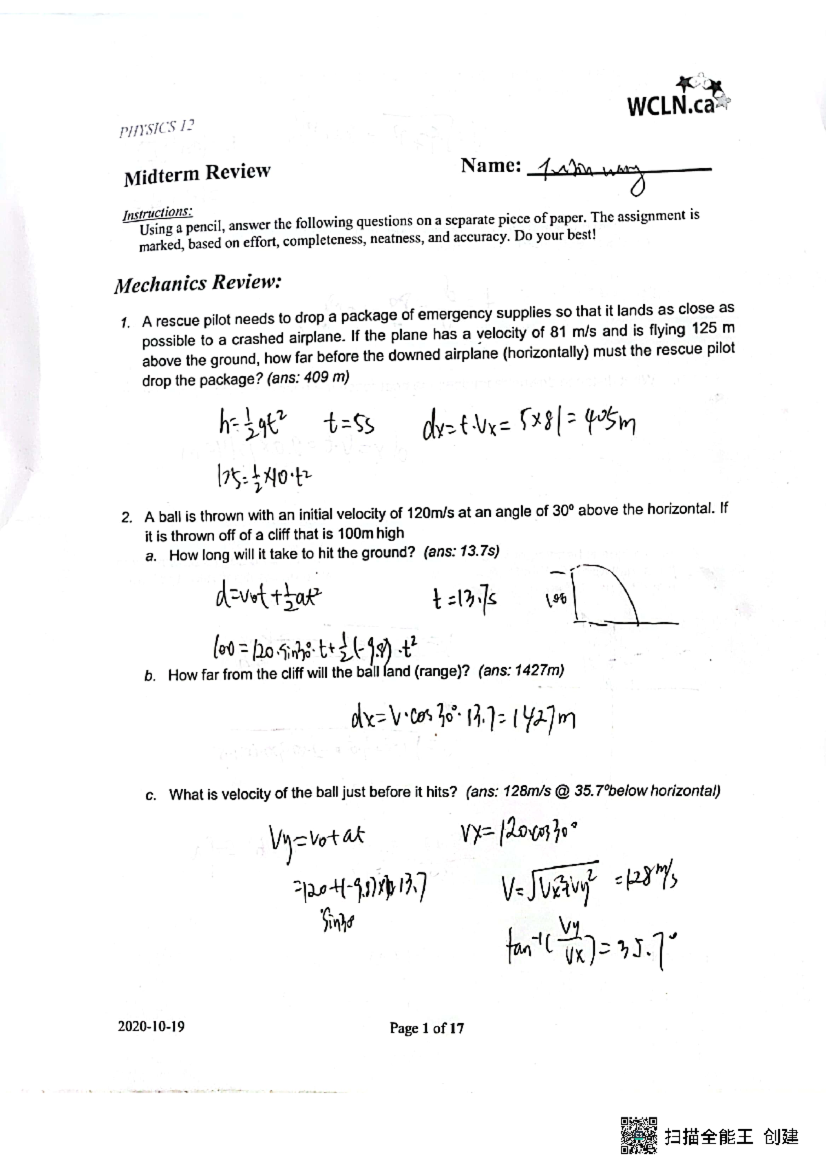 Justin wang Physics 12 midterm - WCLN PHYSICS 12 Midterm Review Name ...