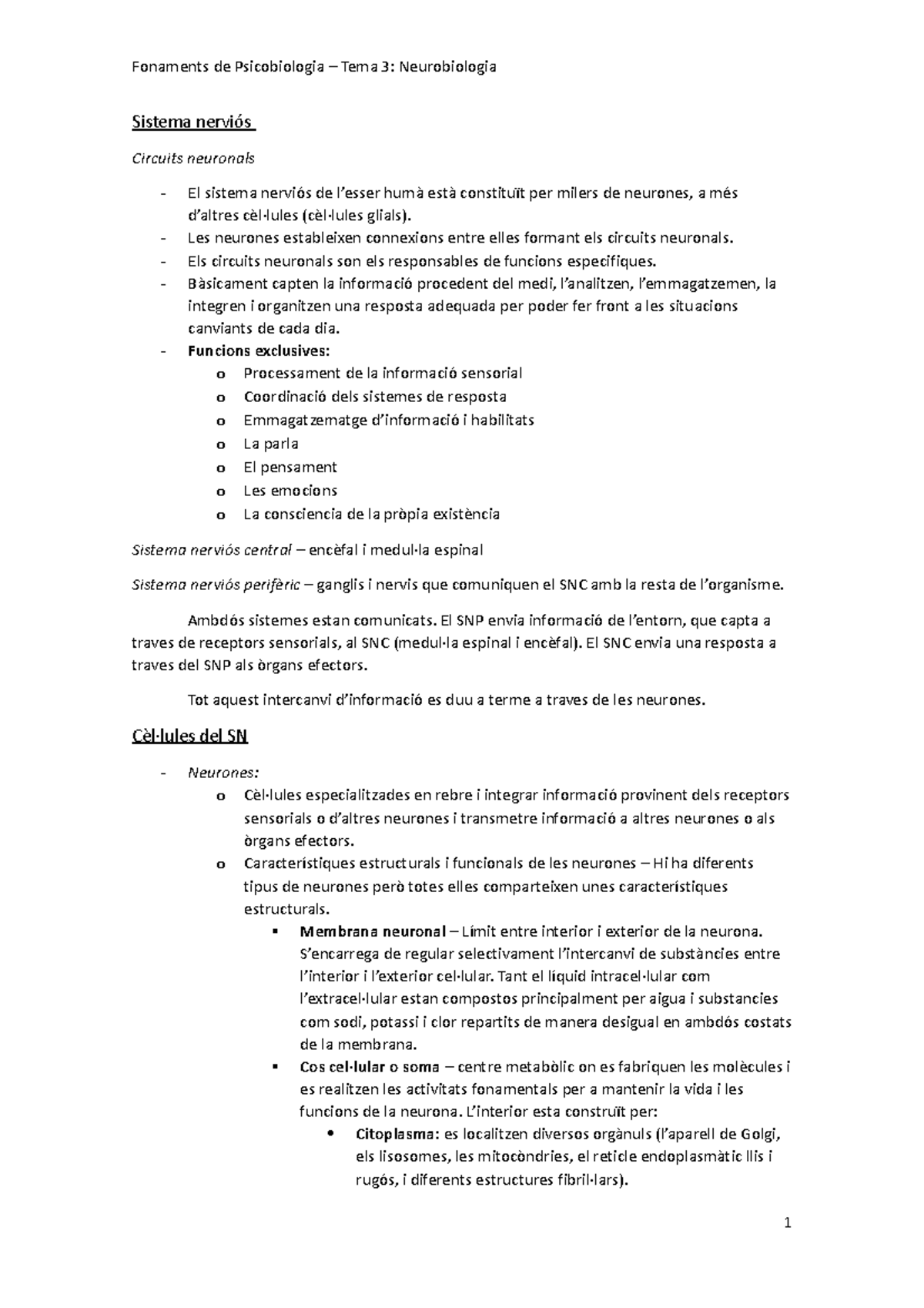 Apunts T-3 - Fonaments de Psicobiologia – Tema 3: Neurobiologia Sistema nerviós Circuits ...