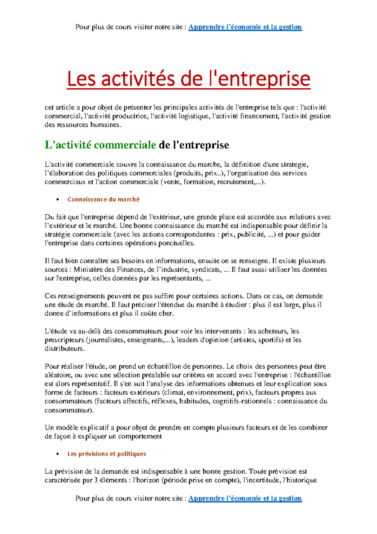 Les activités de l'entreprise - Les activités de l'entreprise cet ...