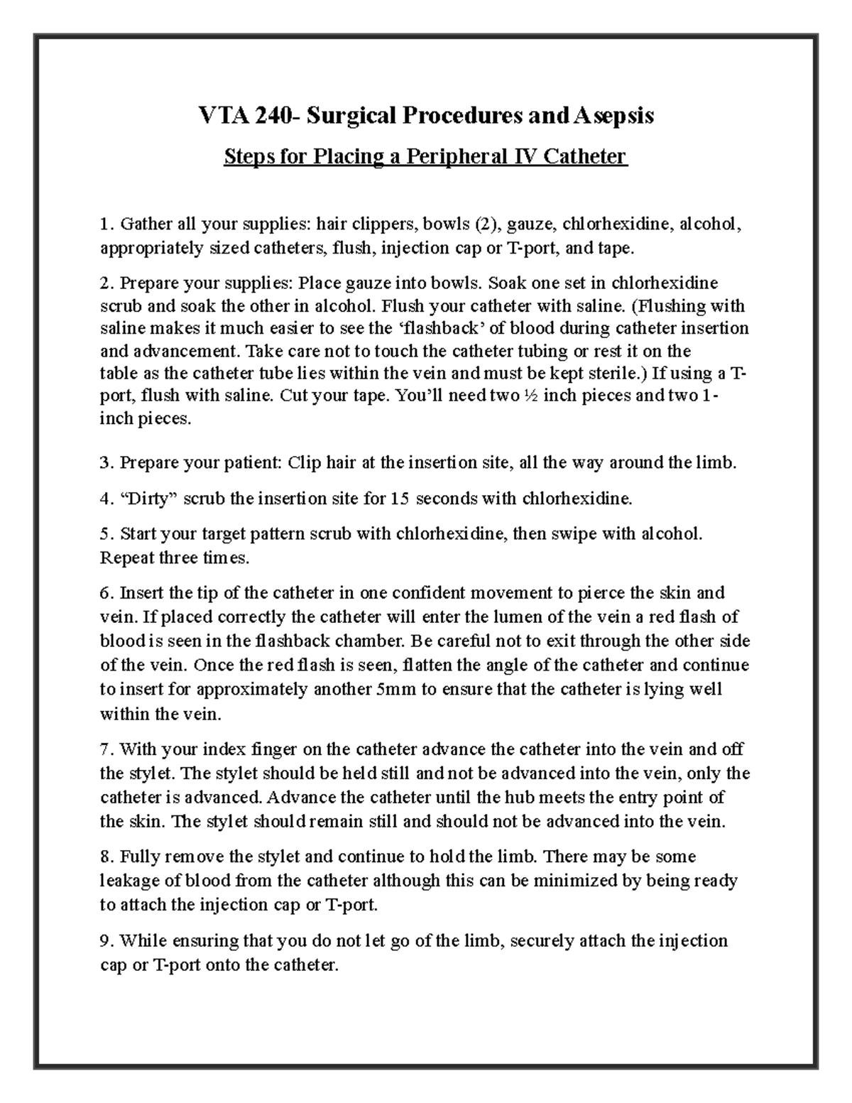 How to - IV Catheter Placement - VTA 240- Surgical Procedures and ...