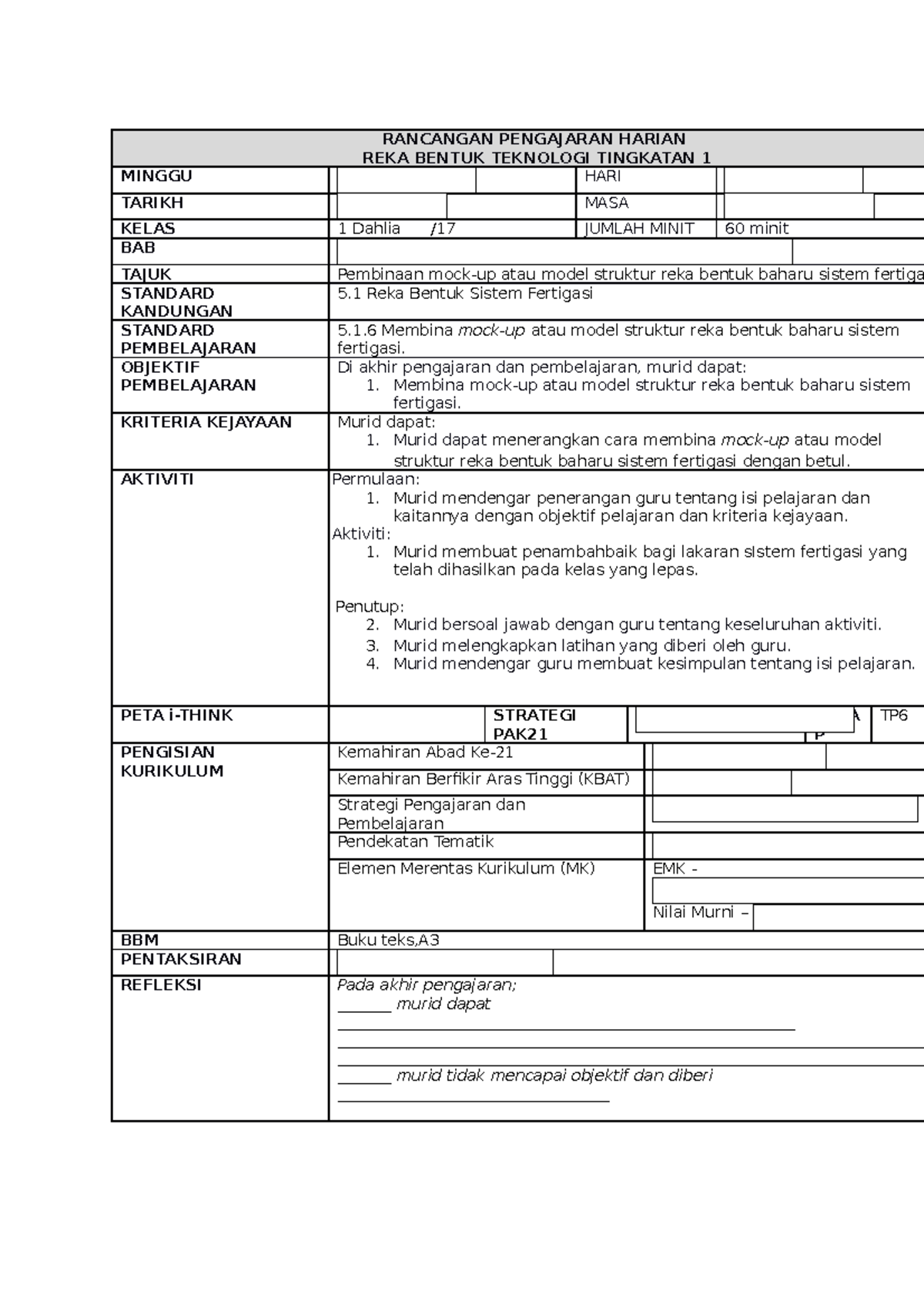 RPH RBT FORM1 40 Dahlia - just my note - RANCANGAN PENGAJARAN HARIAN ...