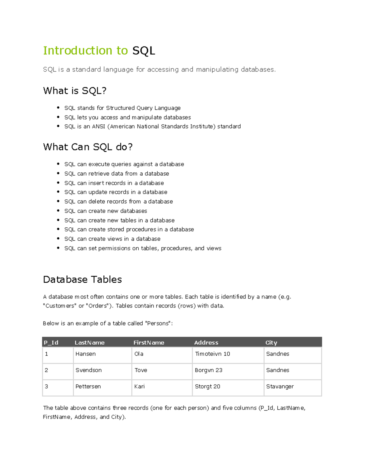 1 Intro To Sql Read Wwell Introduction To Sql Sql Is A Standard Language For Accessing And