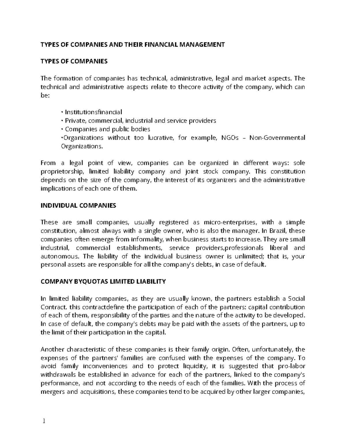Types of companies and their financial management. - TYPES OF COMPANIES ...