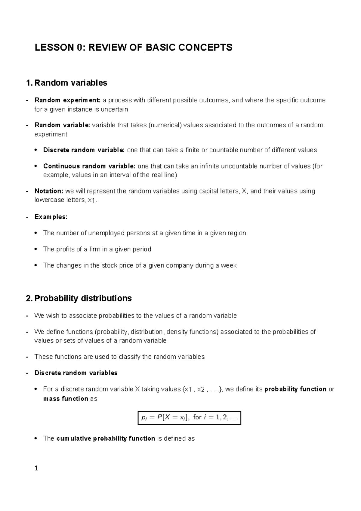 Statistics II - LESSON 0: REVIEW OF BASIC CONCEPTS 1. Random variables ...