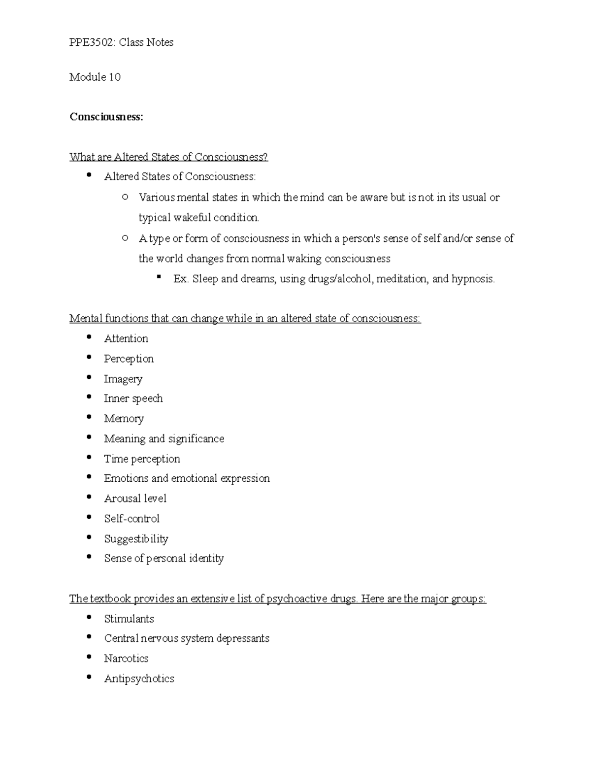PPE3502-Module 10Notes - Module 10 Consciousness: What are Altered ...