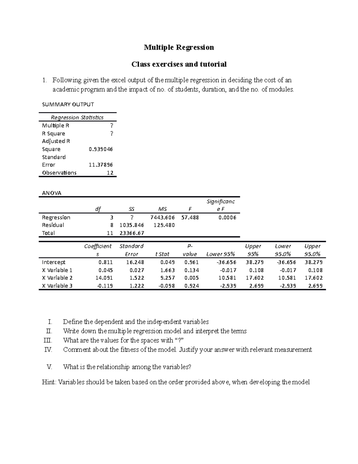 Tute 08 - Multiple Regression Tute - Multiple Regression Class exercises and tutorial 1 ...