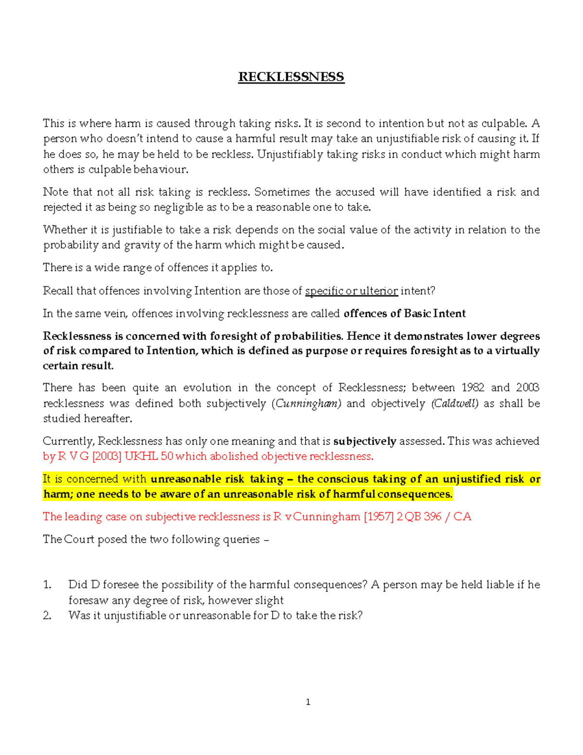 Mens Rea - Recklessness - Lecture 4 Note - RECKLESSNESS This is where ...