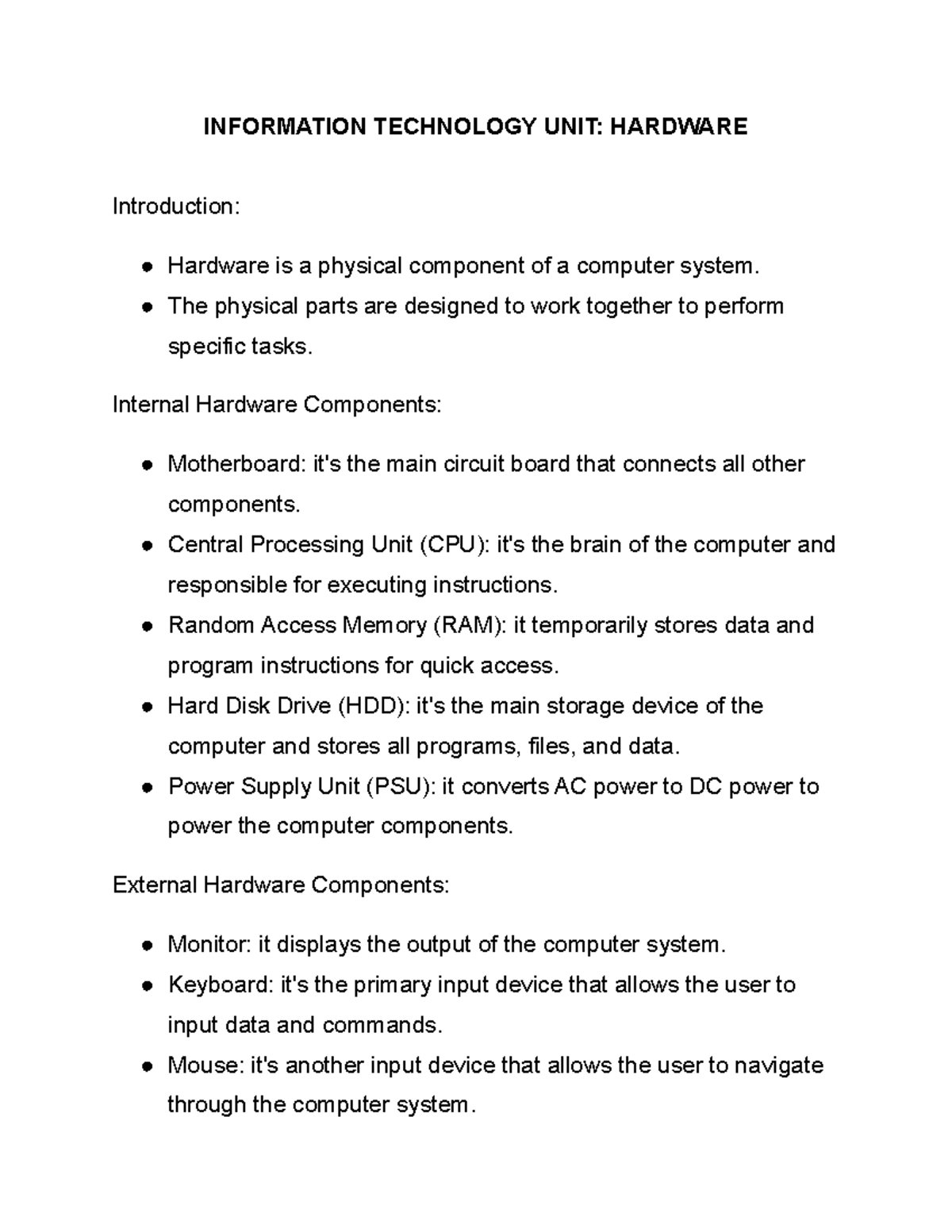 Information Technology UNIT Hardware - INFORMATION TECHNOLOGY UNIT ...