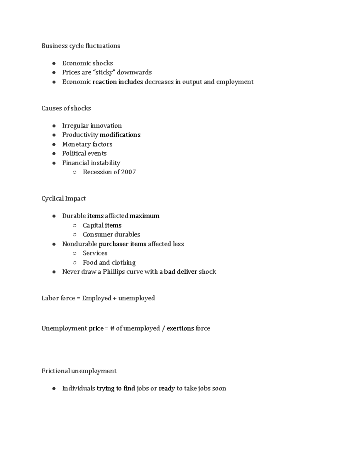 Macro Notes Part 2 - Business cycle fluctuations Economic shocks Prices are