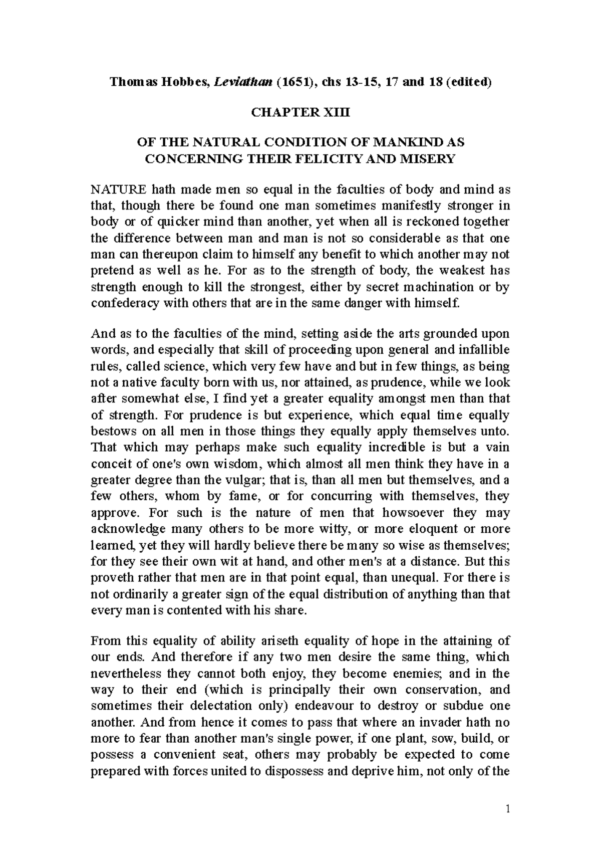 Leviathan PL excerpts Revised - Thomas Hobbes, Leviathan (1651), chs 17 ...