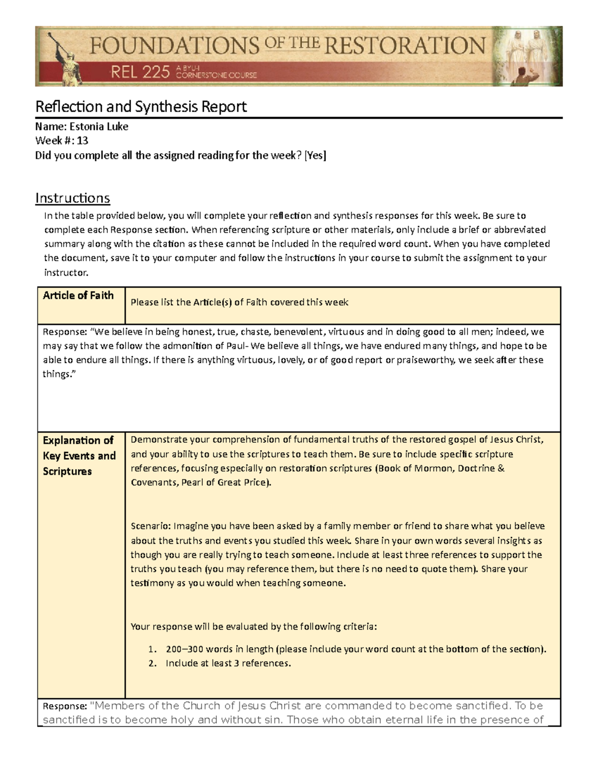 REL225C W00 Reflection And Synthesis (9) - Reflection and Synthesis ...