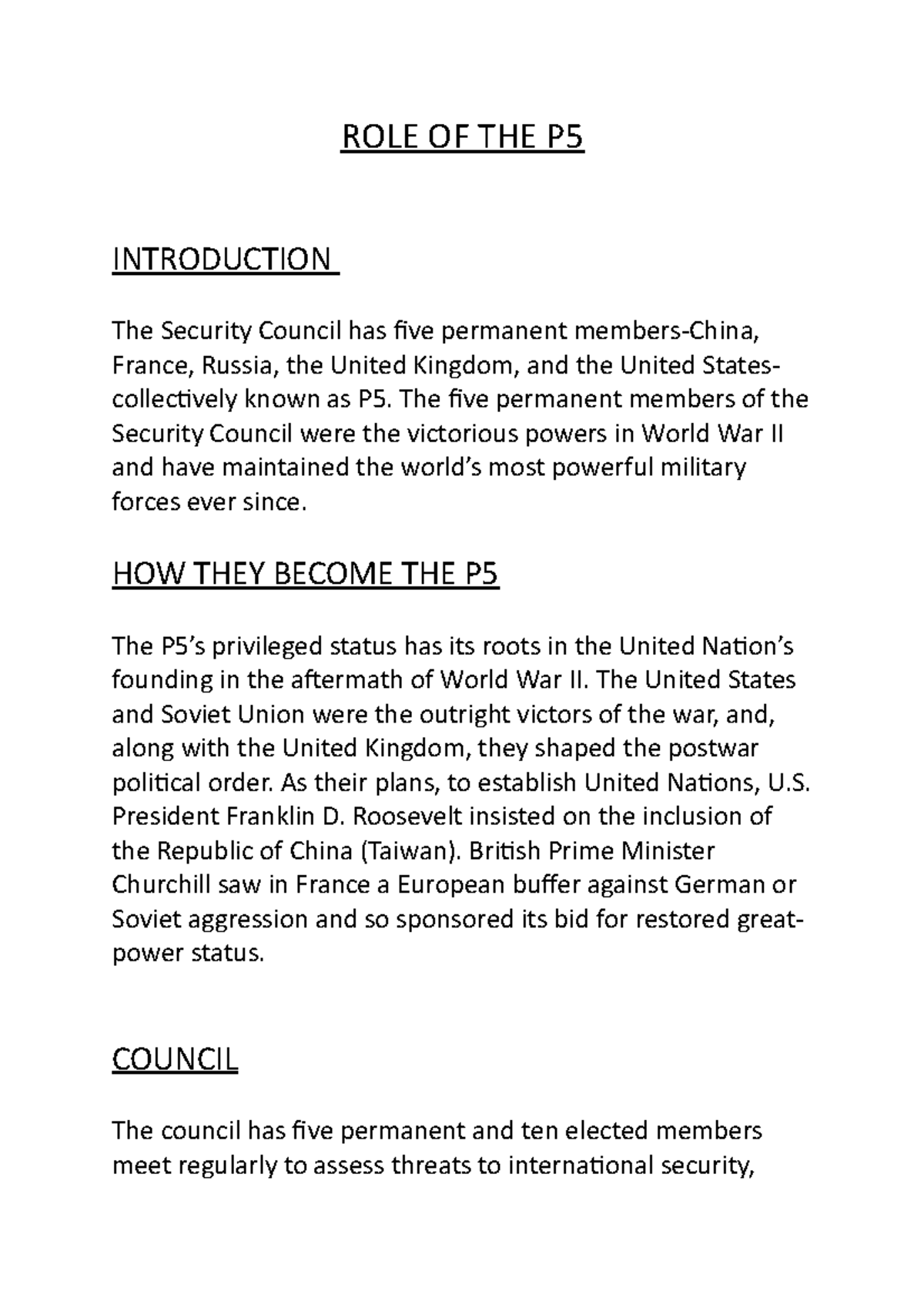 ROLE OF THE P5 - ROLE OF P5 - ROLE OF THE P INTRODUCTION The Security ...