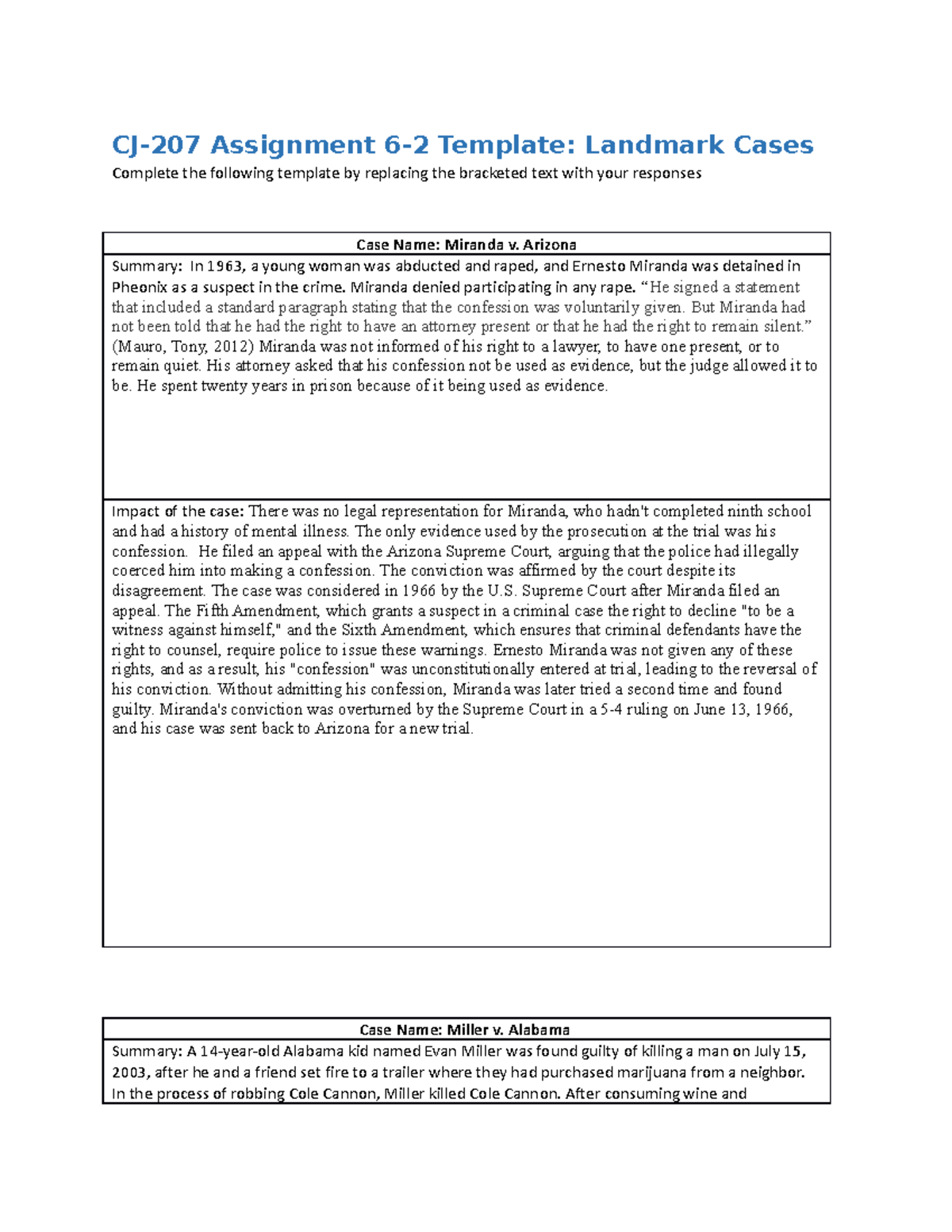 CJ-207 Assignment 6-2 Nicole Grider - CJ-207 Assignment 6-2 Template: Landmark Cases Complete ...
