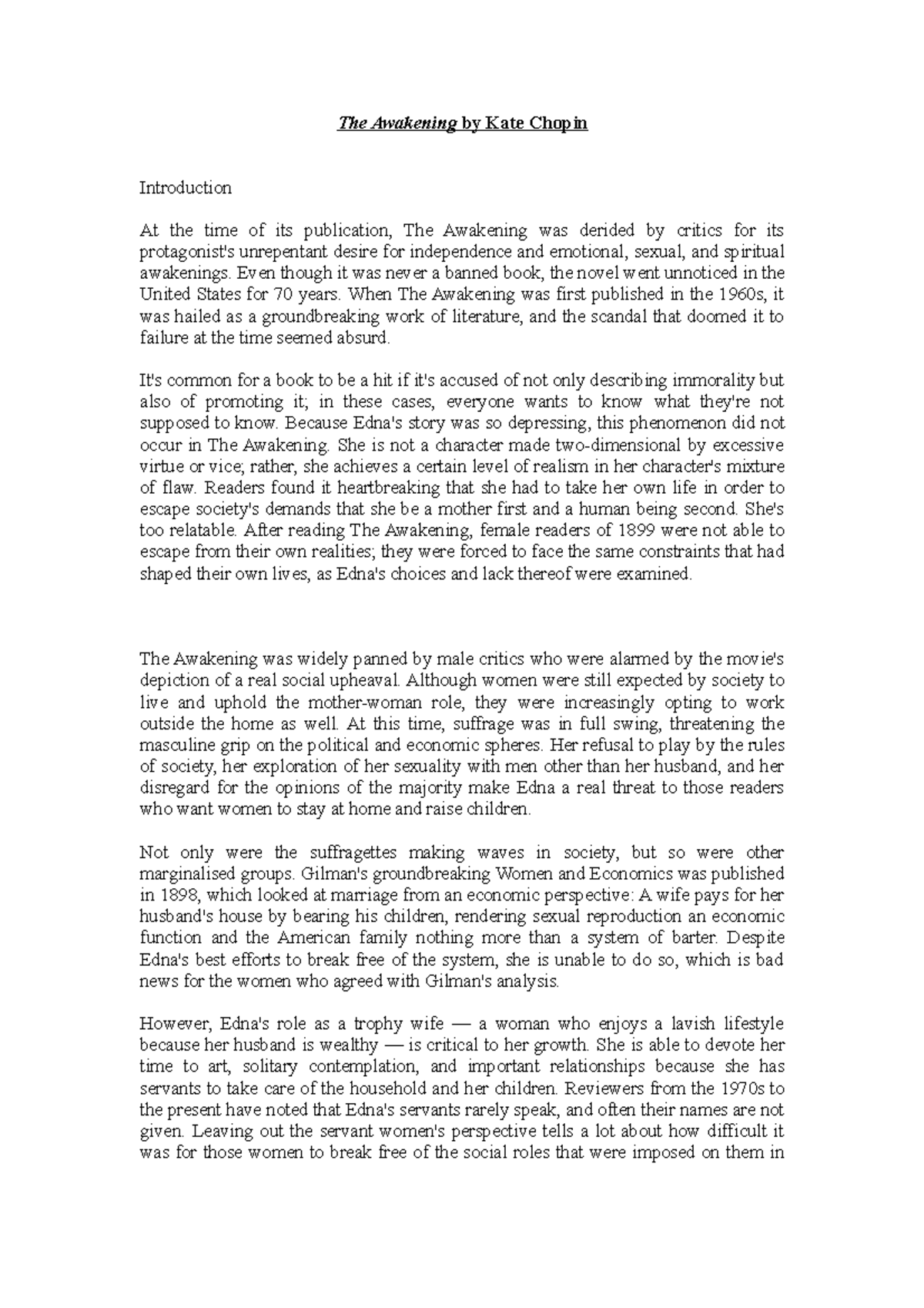 The Awakening by Kate Chopin - American Literature - AMU - Studocu