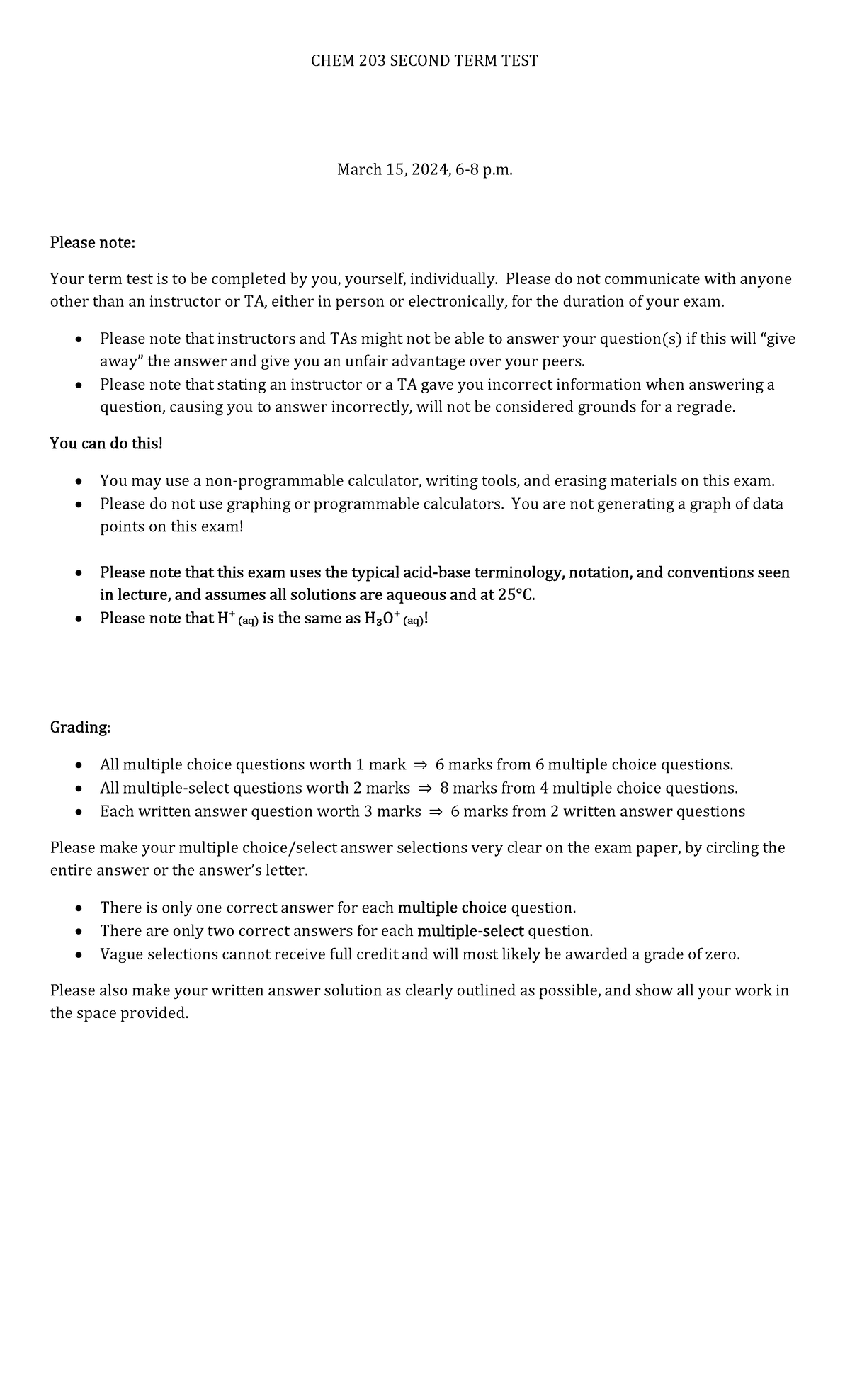 Second Midterm cover page - CHEM 203 SECOND TERM TEST March 15, 2024, 6 ...