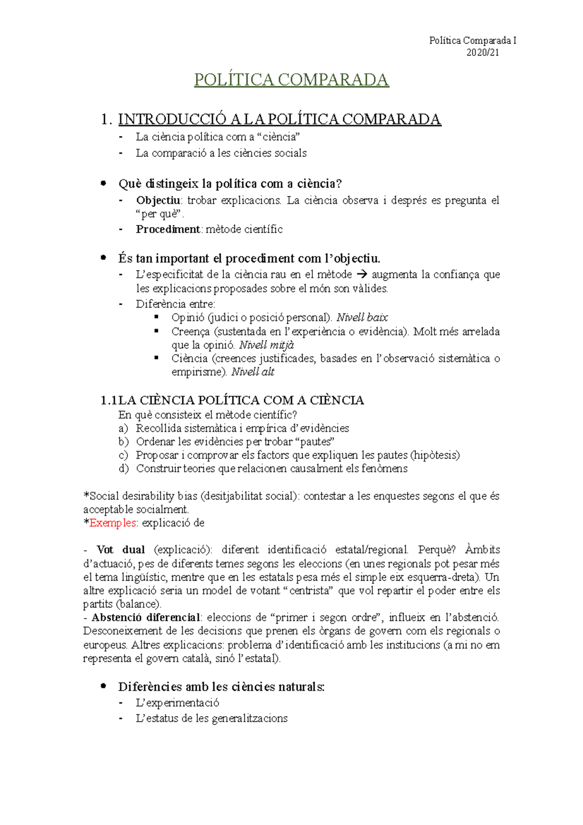 Apunts Política Comparada I - 2020/ POLÍTICA COMPARADA 1. INTRODUCCIÓ A ...