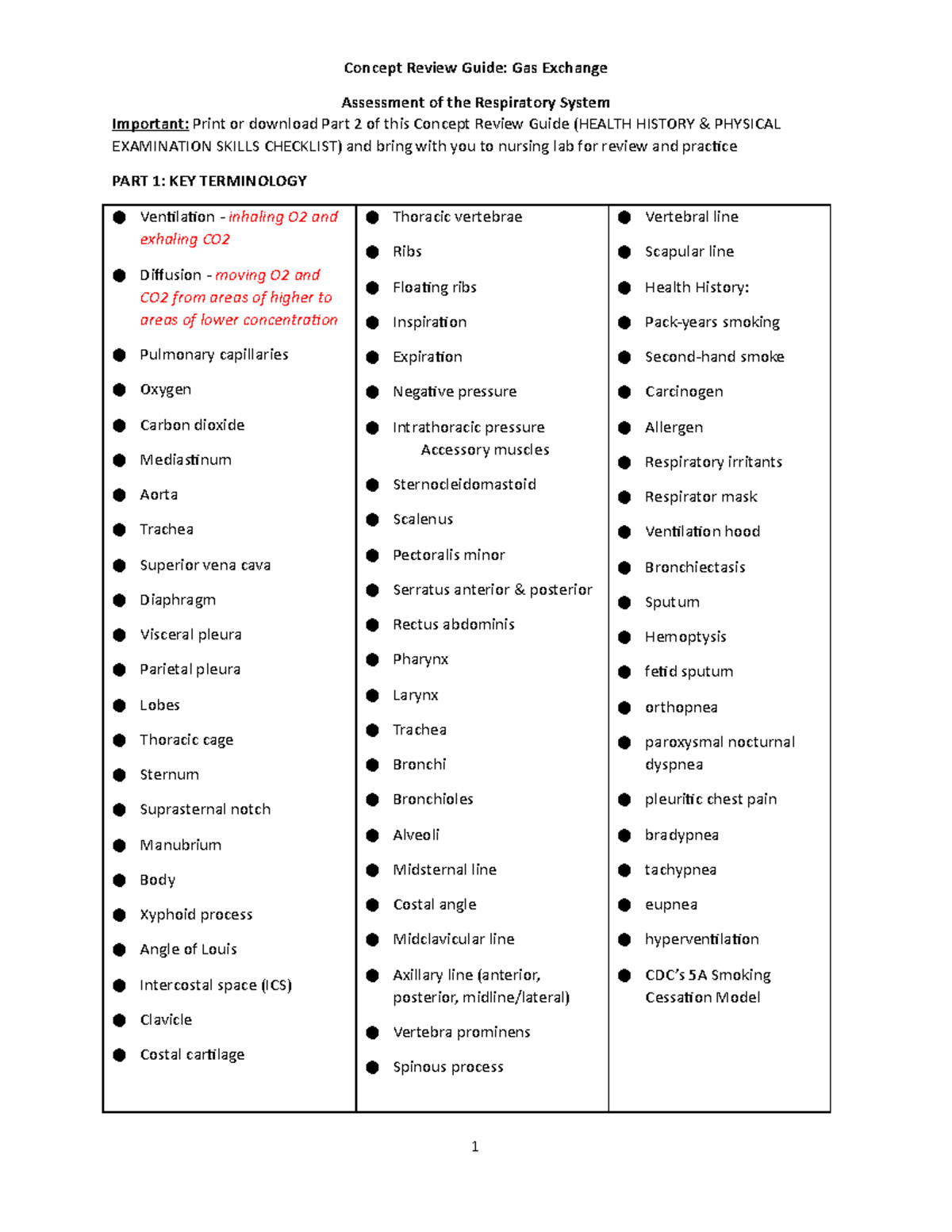 Concept Review Guide Gas Exchange - Assessment of the Respiratory ...