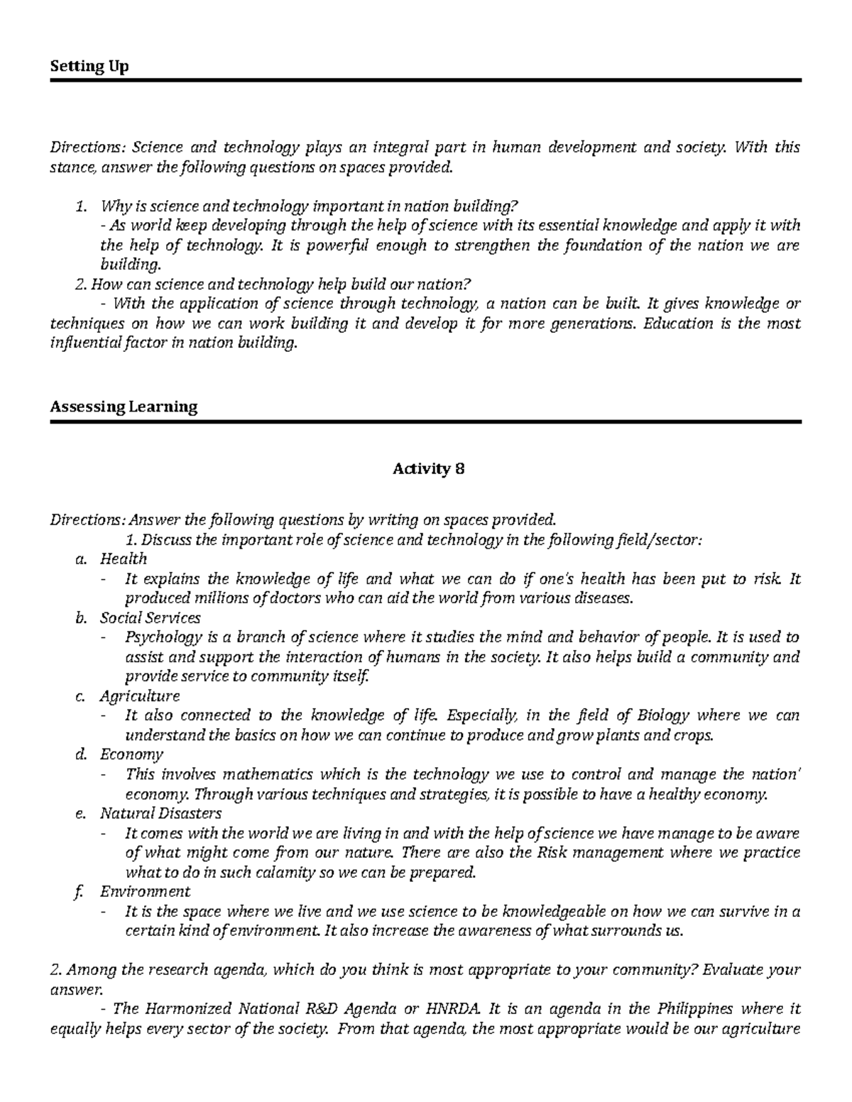 (UNIT III - Setting-up, Activity 8-10) STS - Setting Up Directions ...