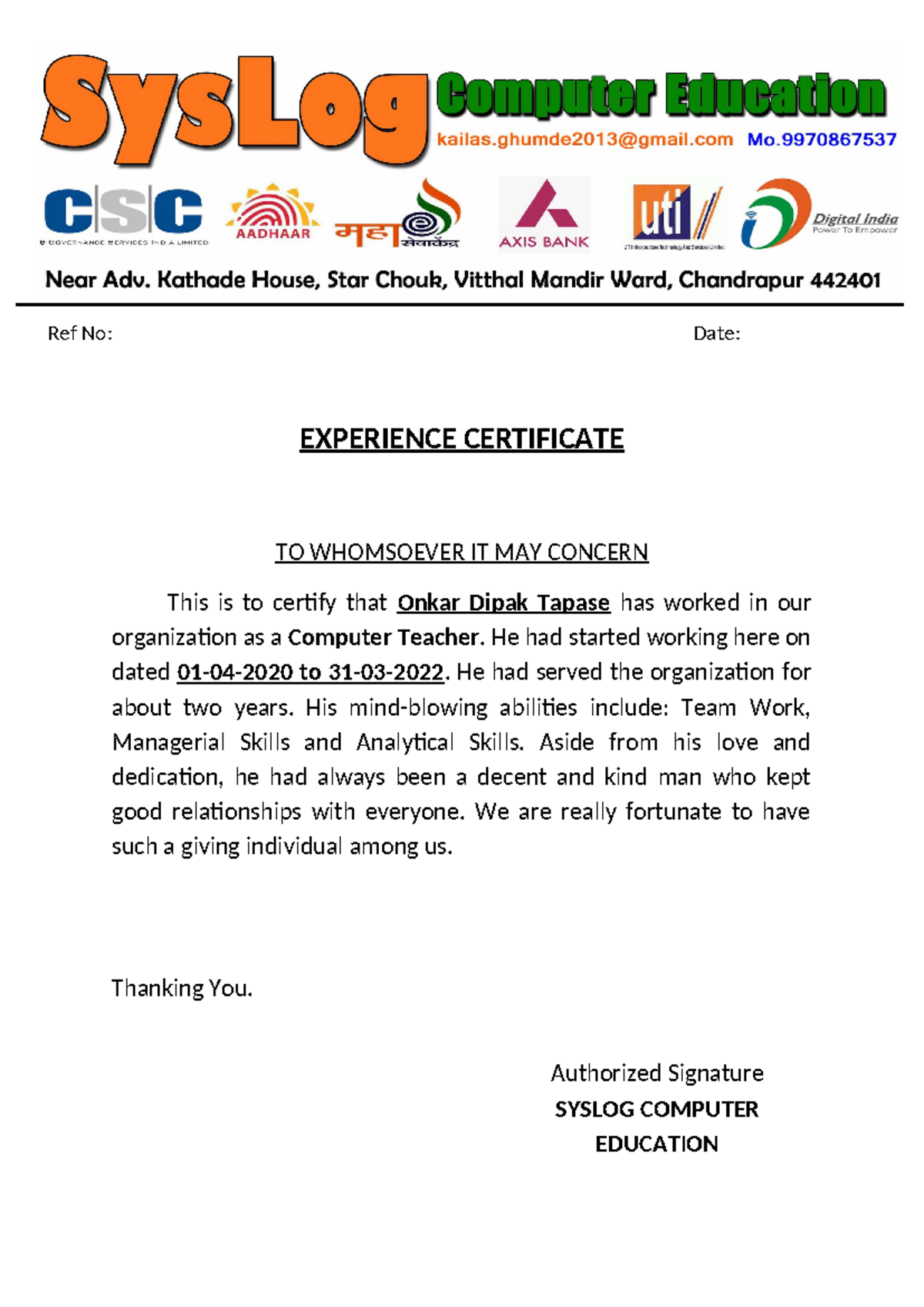 Exprience certificate - Ref No: Date: EXPERIENCE CERTIFICATE TO ...