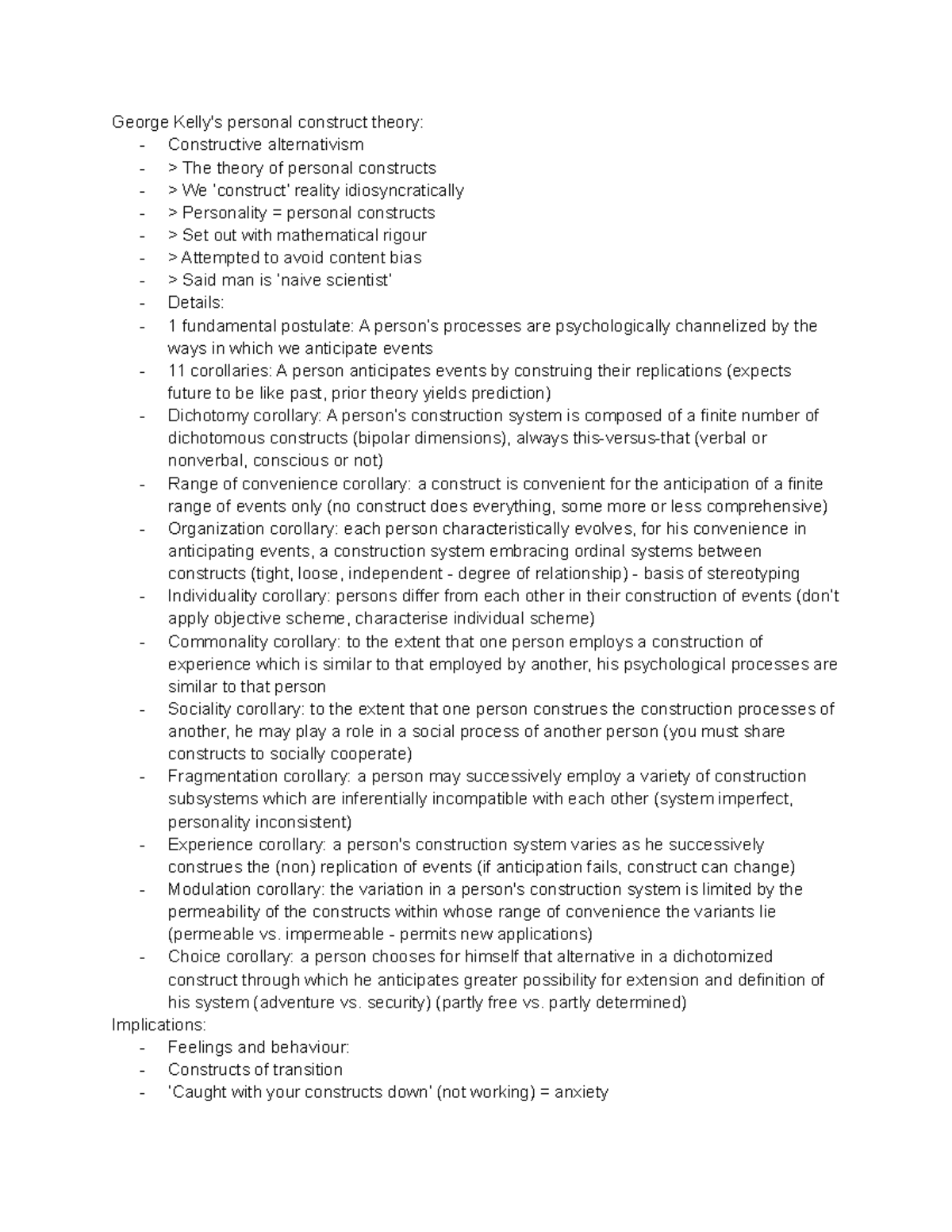 PSYC1018 Week 8 Notes cognitive and humanistic theories - George Kelly ...