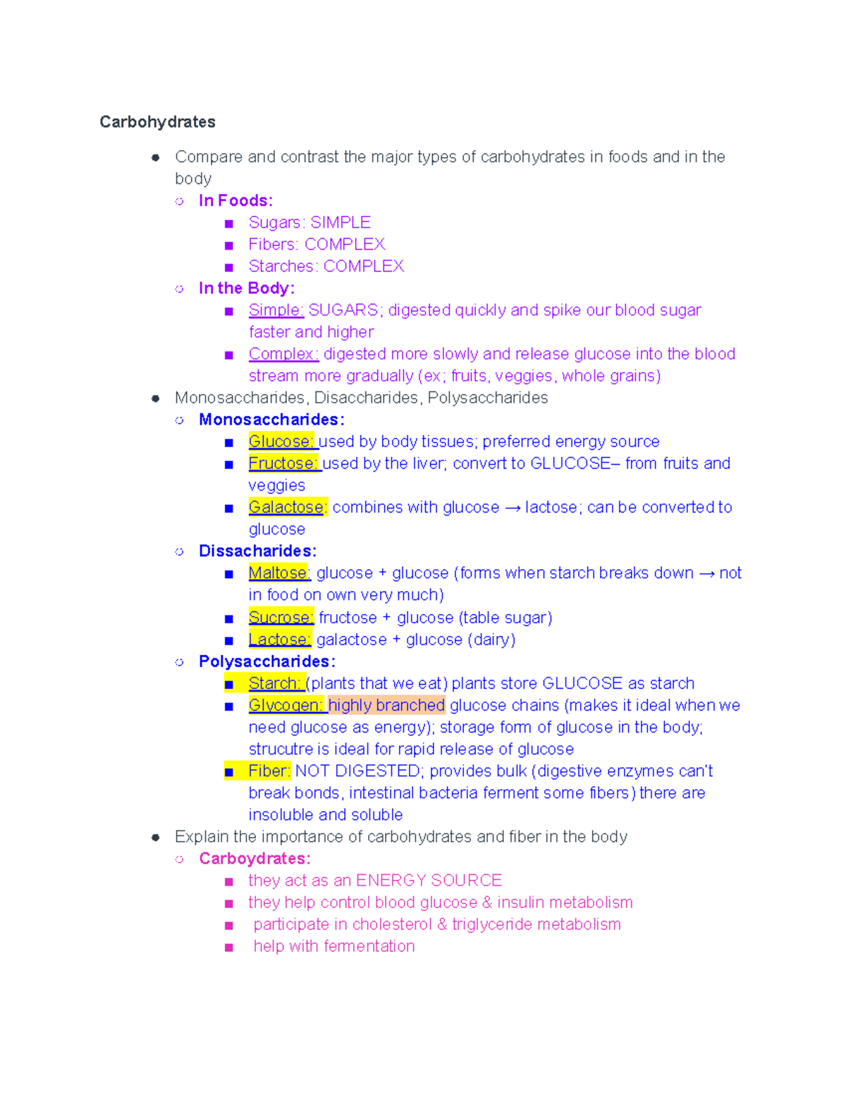 HHP 2310 N&H Exam 2 Review - Carbohydrates Compare and contrast the ...