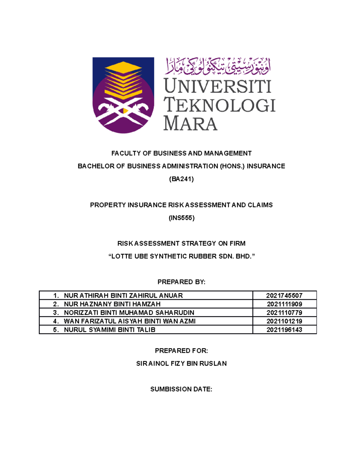 INS555 Report - FACULTY OF BUSINESS AND MANAGEMENT BACHELOR OF BUSINESS ADMINISTRATION (HONS ...