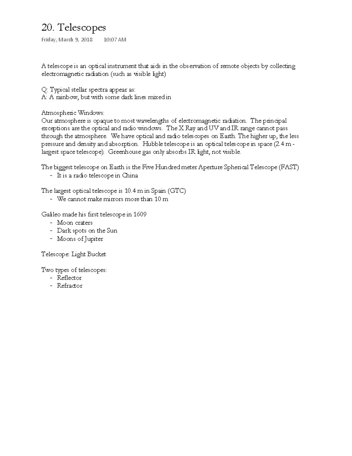 Telescopes Lecture 20 - Professor: Wang - 20. Telescopes Friday, March ...