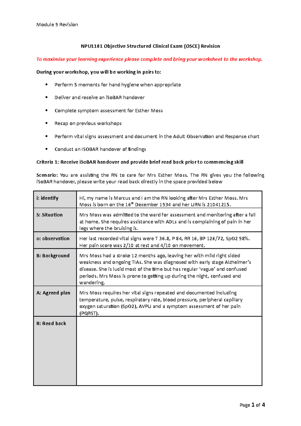 2020 07 17 M9 Revision worksheet - NPU1101 Objective Structured ...