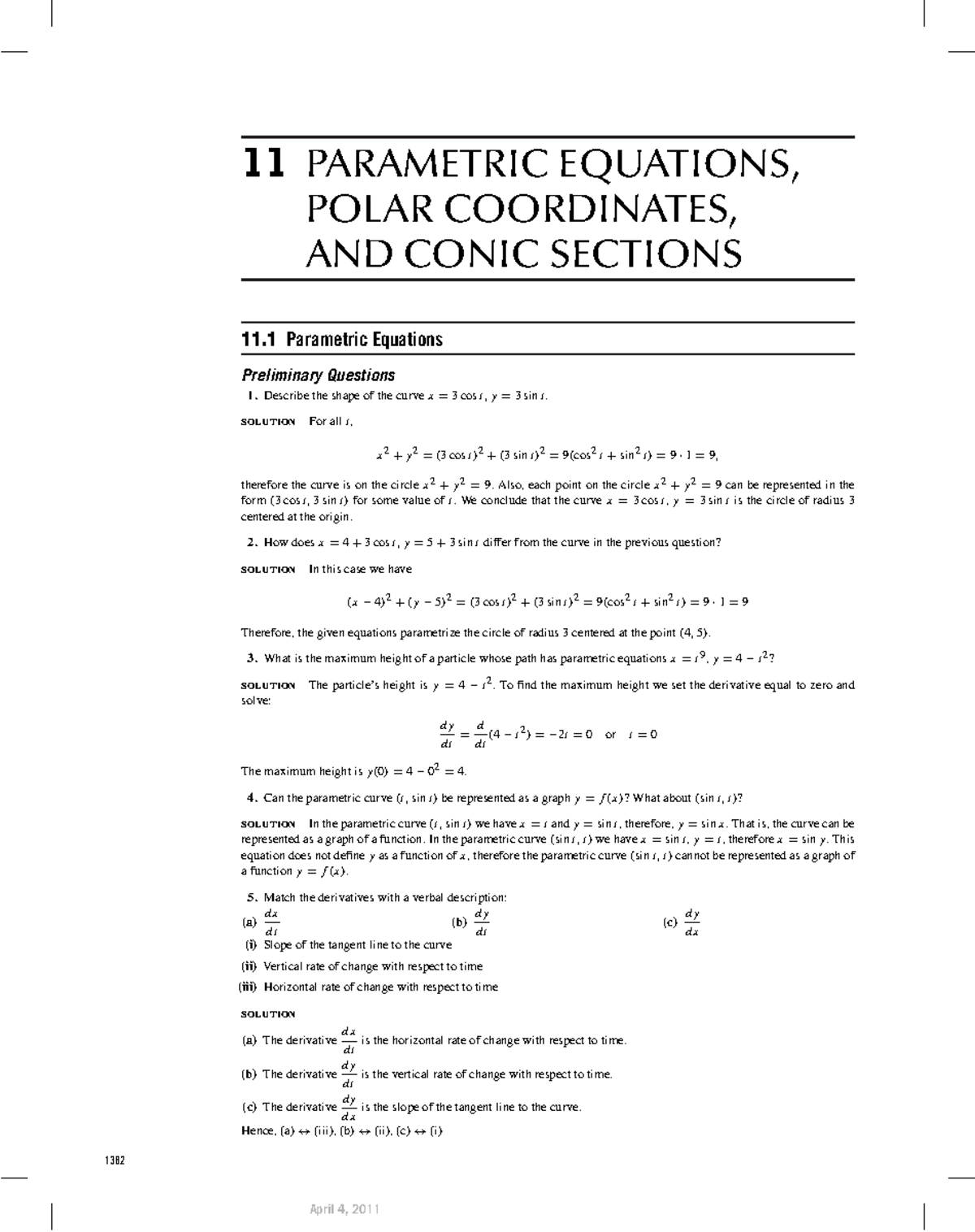 Ch11 Parametrics and polar - 11 PARAMETRIC EQUATIONS, POLAR COORDINATES ...