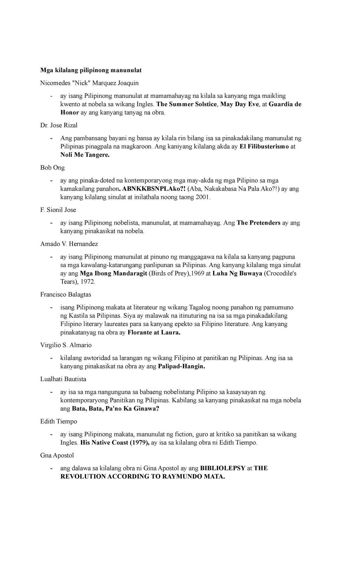 Mga kilalang Pilipinong manunulat - Mga kilalang pilipinong manunulat ...