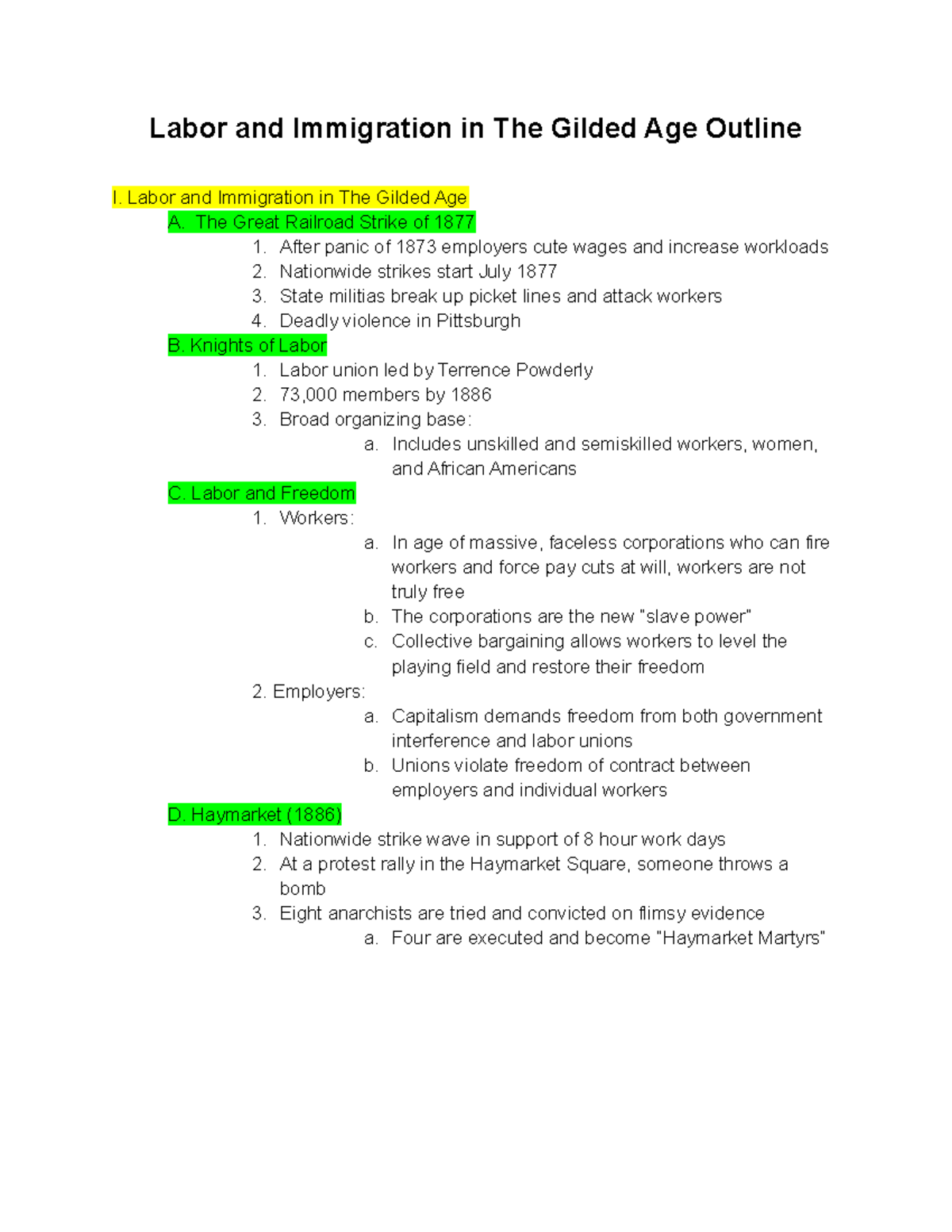 U.S History Since 1877- Labor and Immigration in The Gilded Age Outline ...