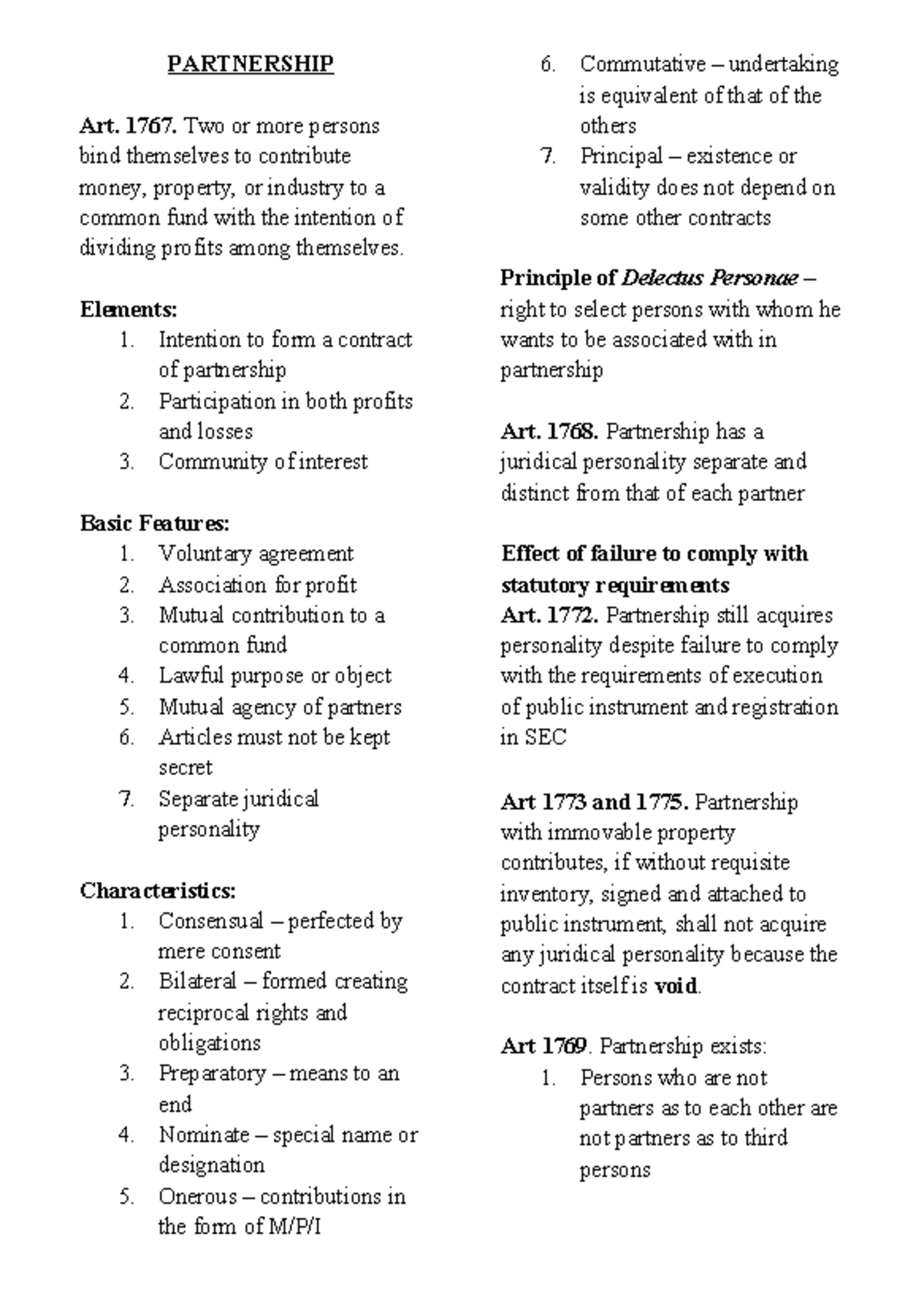 Partnership Notes - PARTNERSHIP Art. 1767. Two or more persons bind ...
