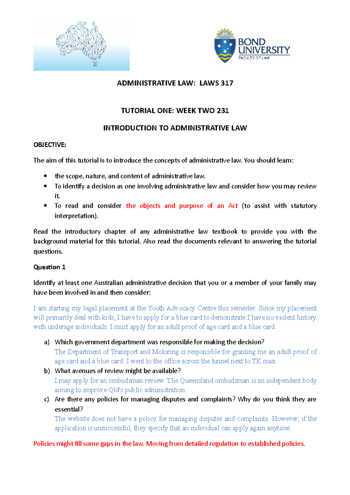 231 Tutorial 1 wk 2 Intro - ADMINISTRATIVE LAW: LAWS 317 TUTORIAL ONE: WEEK TWO 231 INTRODUCTION ...
