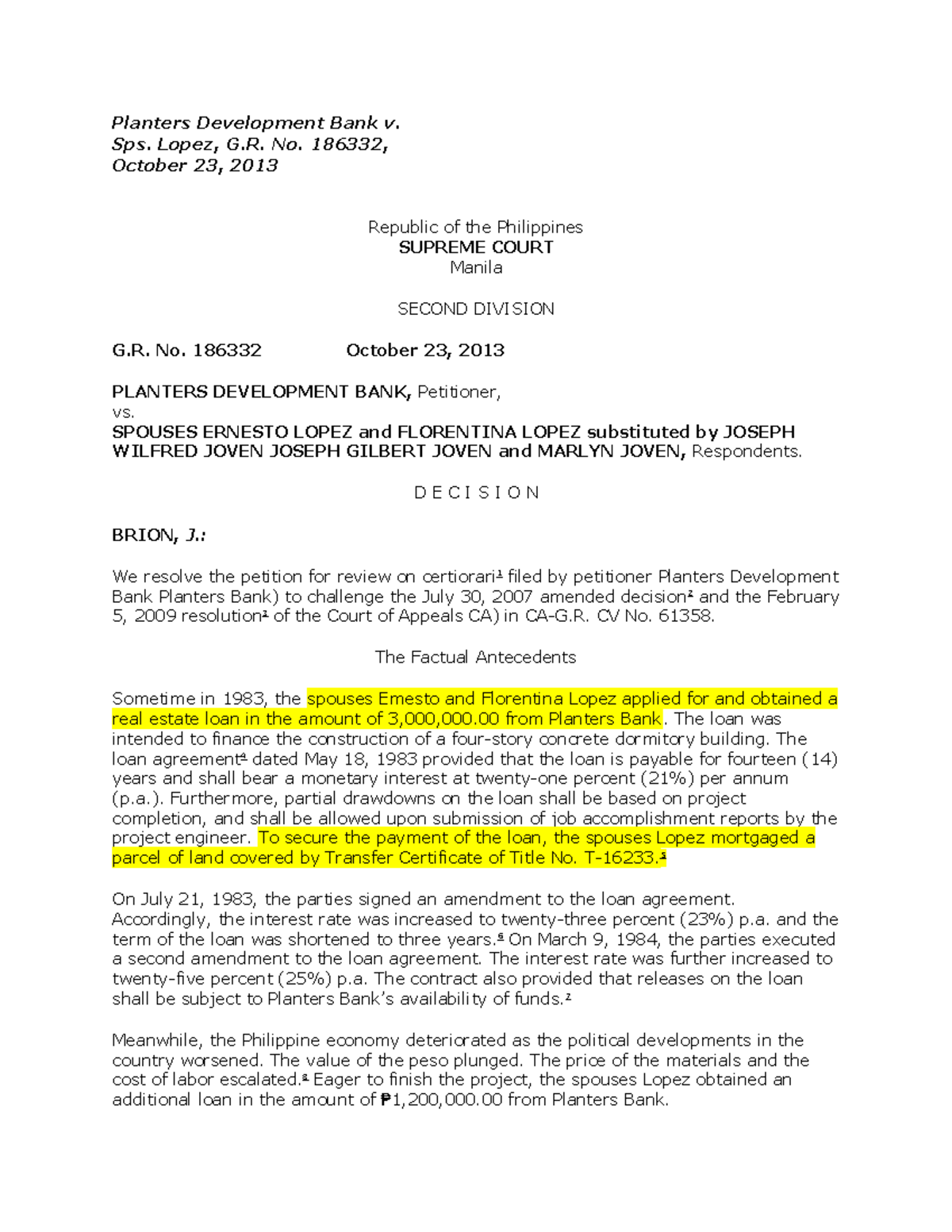 02. Planters Development Bank v. Sps. Lopez, G.R. No. 186332, October ...