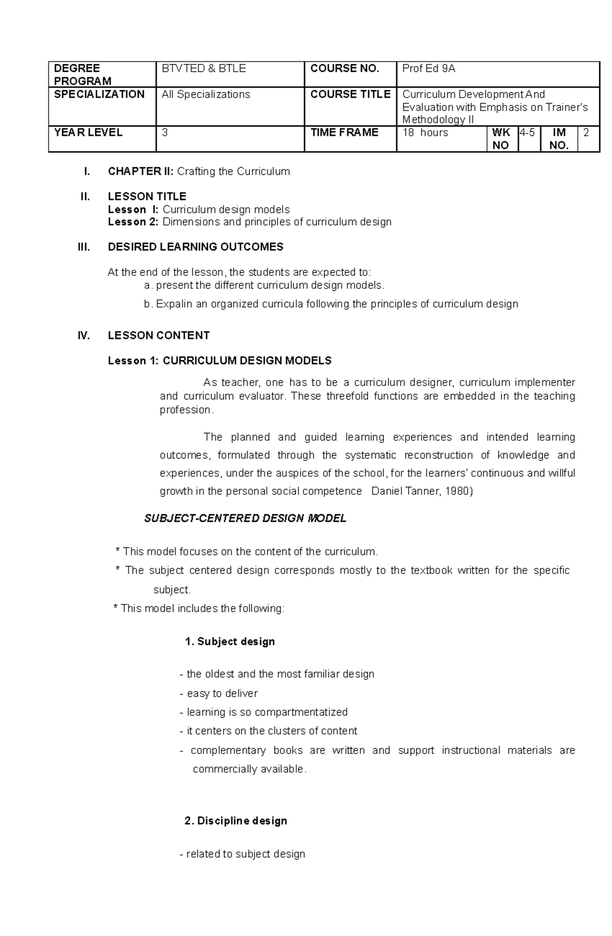 Prof Ed 9A IM No.2 - DEGREE PROGRAM BTVTED & BTLE COURSE NO. Prof Ed 9A ...