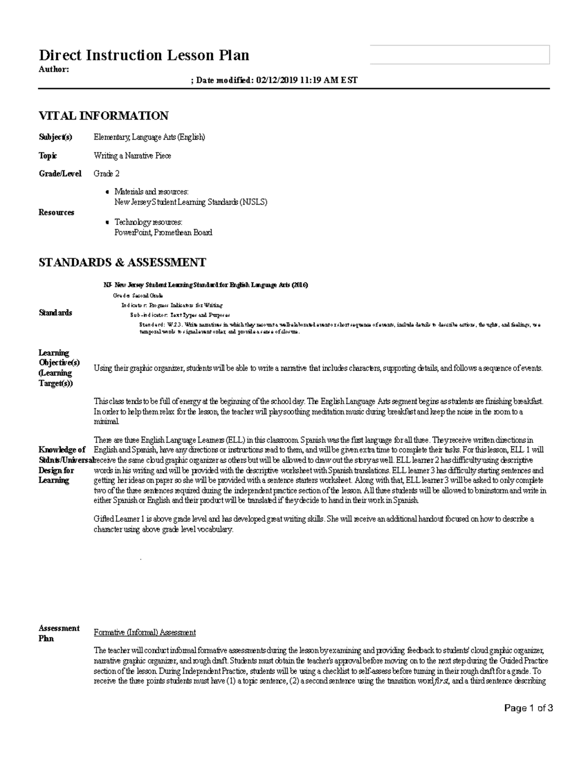 Direct Sample Sp20 - Example of how plan should look - Direct ...