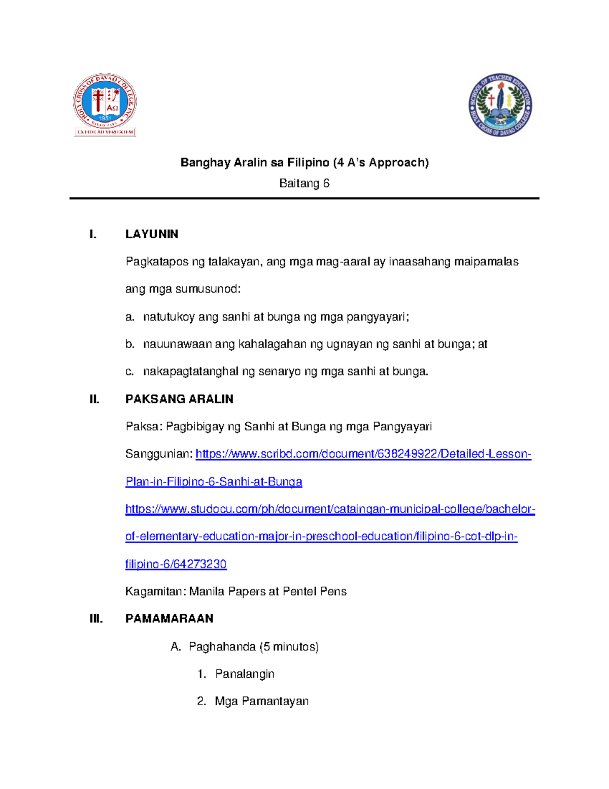 Lesson-plan-1 - Banghay Aralin sa Filipino ( 4 A’s Approach) Baitang 6 ...