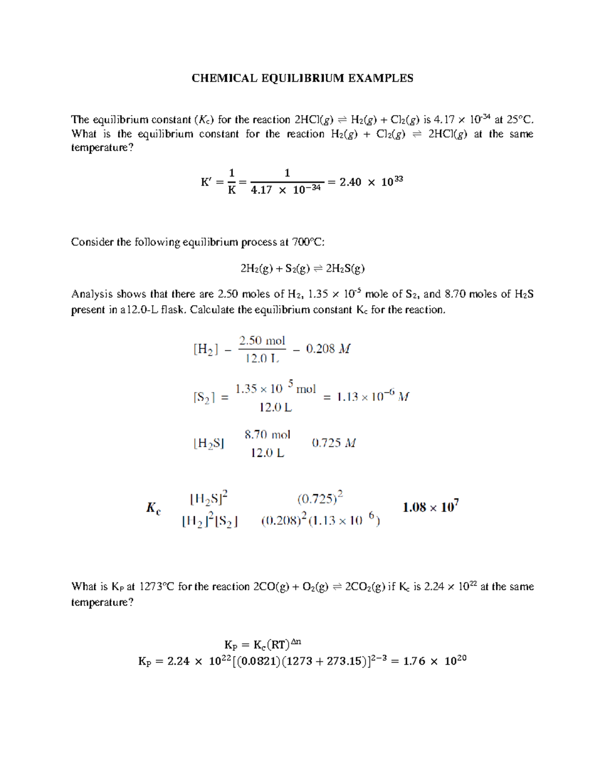 Chemical Equilibrium Problems - CHEMICAL EQUILIBRIUM EXAMPLES The ...