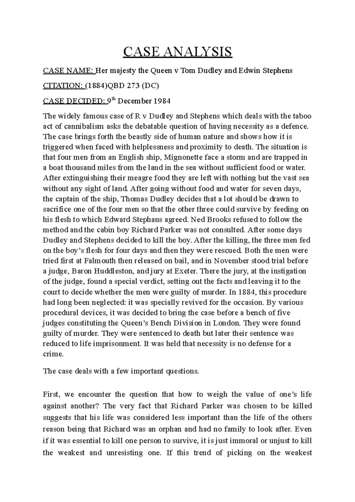 CASE Analysis - summary on a particular case - CASE ANALYSIS CASE NAME ...