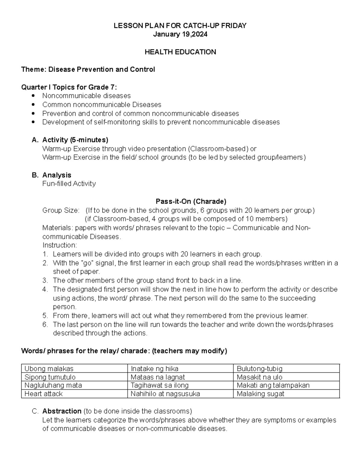 Lesson PLAN FOR Catch UP Friday Jan 19 Health - LESSON PLAN FOR CATCH ...